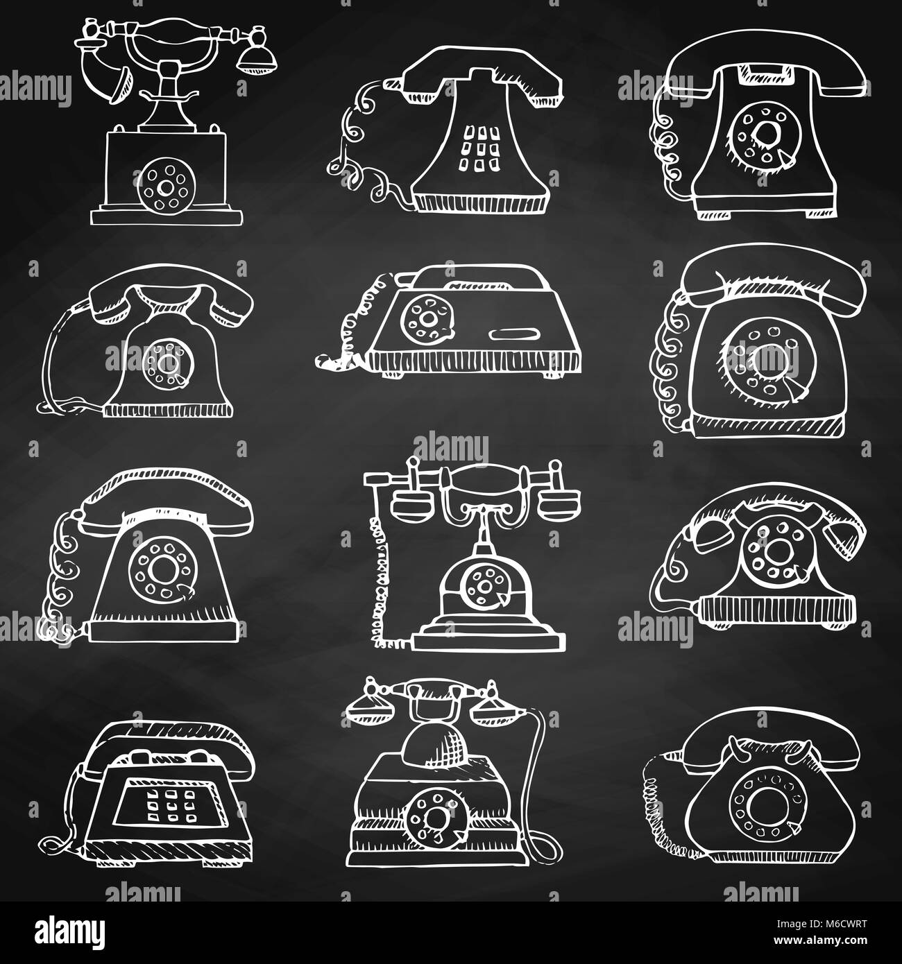 Sketch of set retro phone isolated on the chalkboard. Vector ...