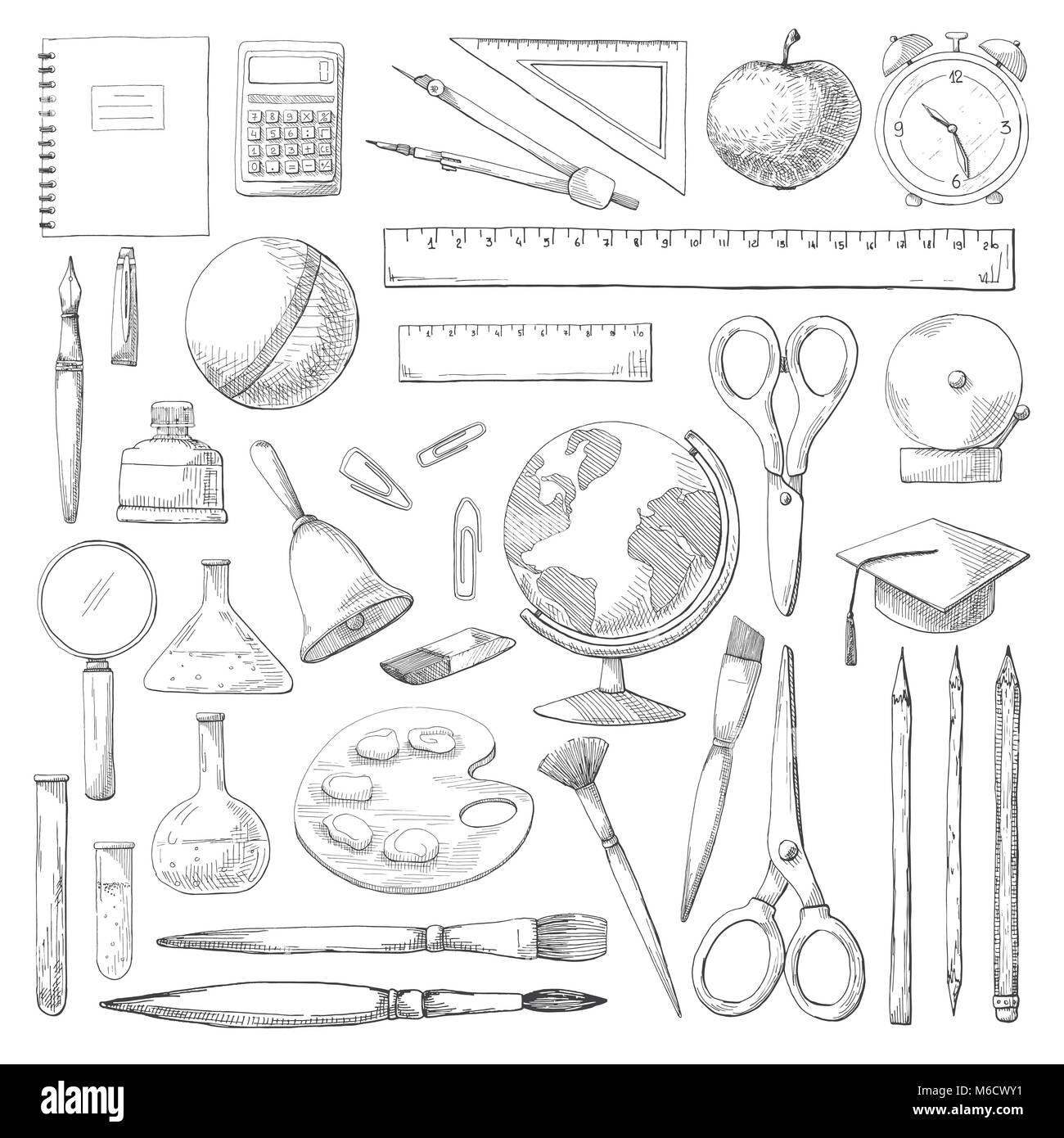 Hand drawn different school supplies isolated on white background ...