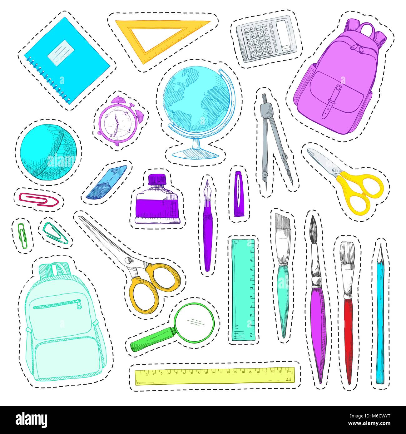Set of stickers. Hand drawn different school supplies isolated on white ...