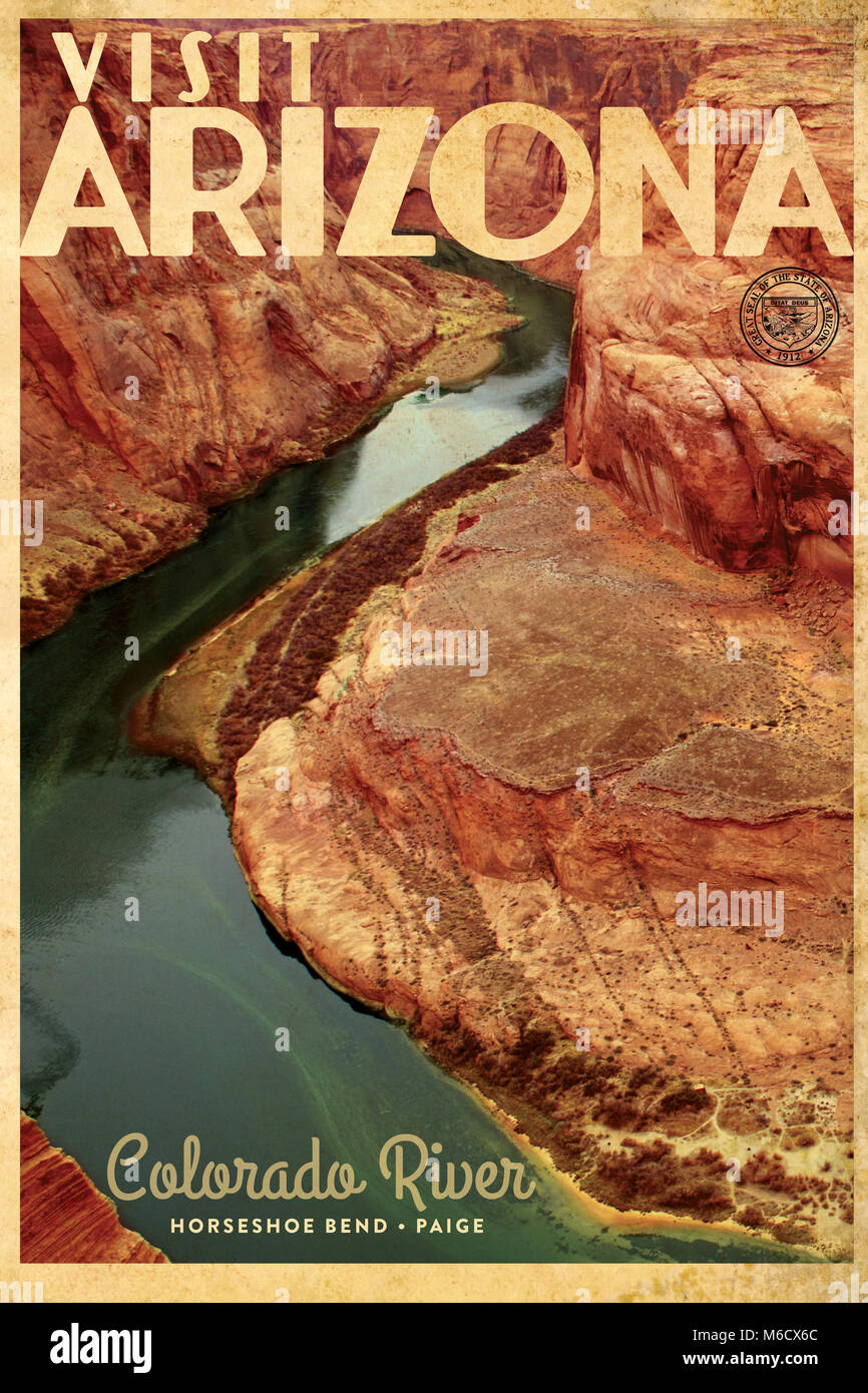 Vintage style travel poster showing the Colorado river at horseshoe ...