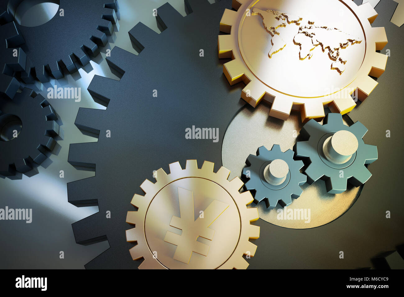 Currency and gear, meaning economic impact, teamwork, economic stimulus ...