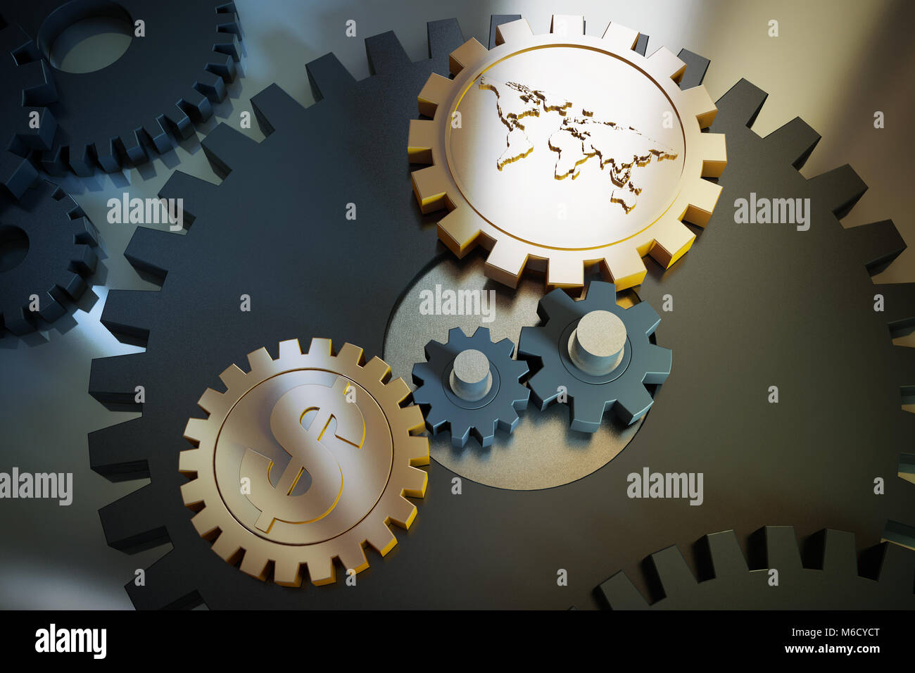 Currency and gear, meaning economic impact, teamwork, economic stimulus ...