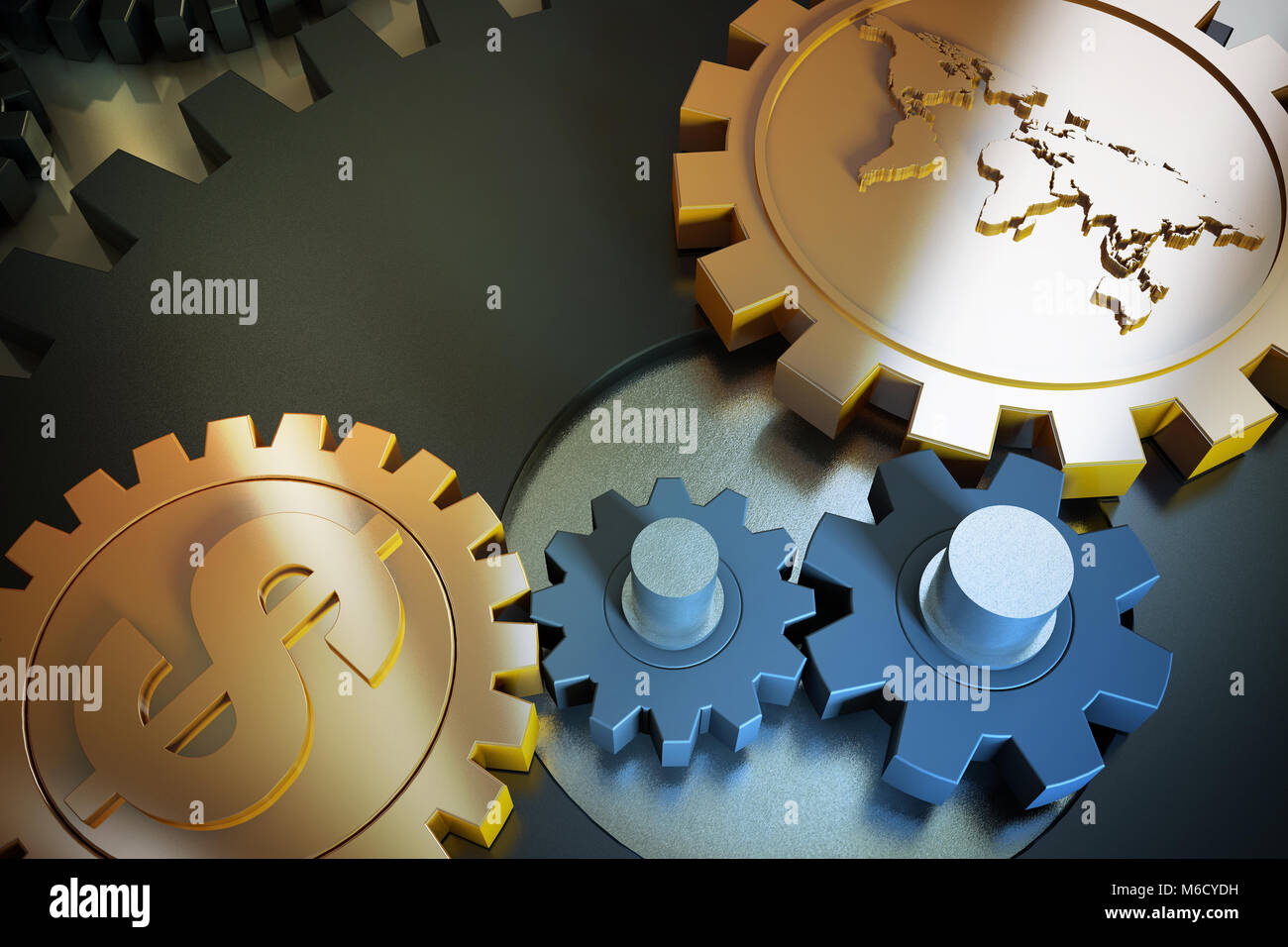 Currency and gear, meaning economic impact, teamwork, economic stimulus ...