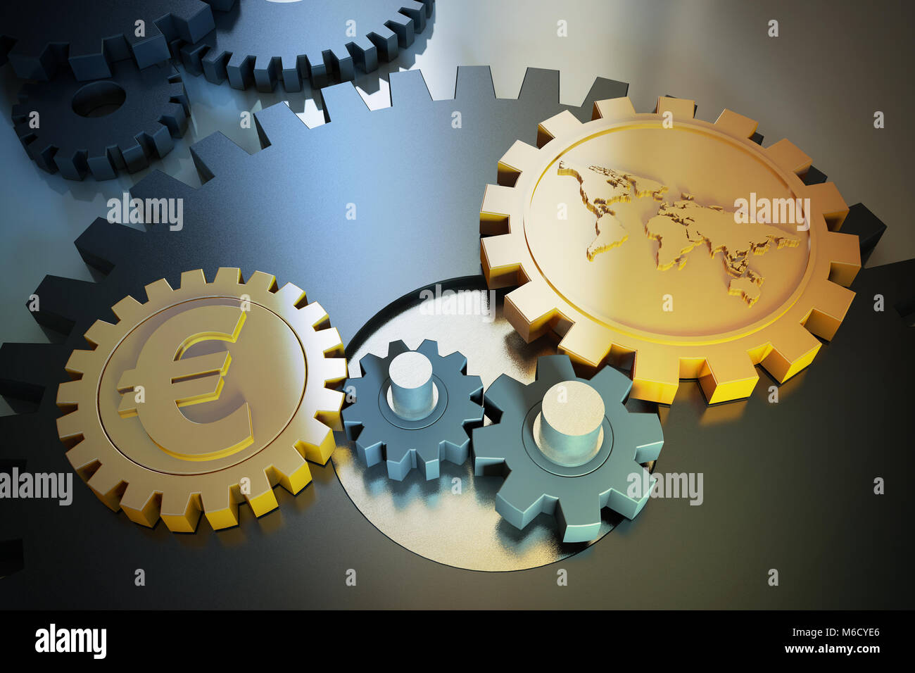 Currency and gear, meaning economic impact, teamwork, economic stimulus ...