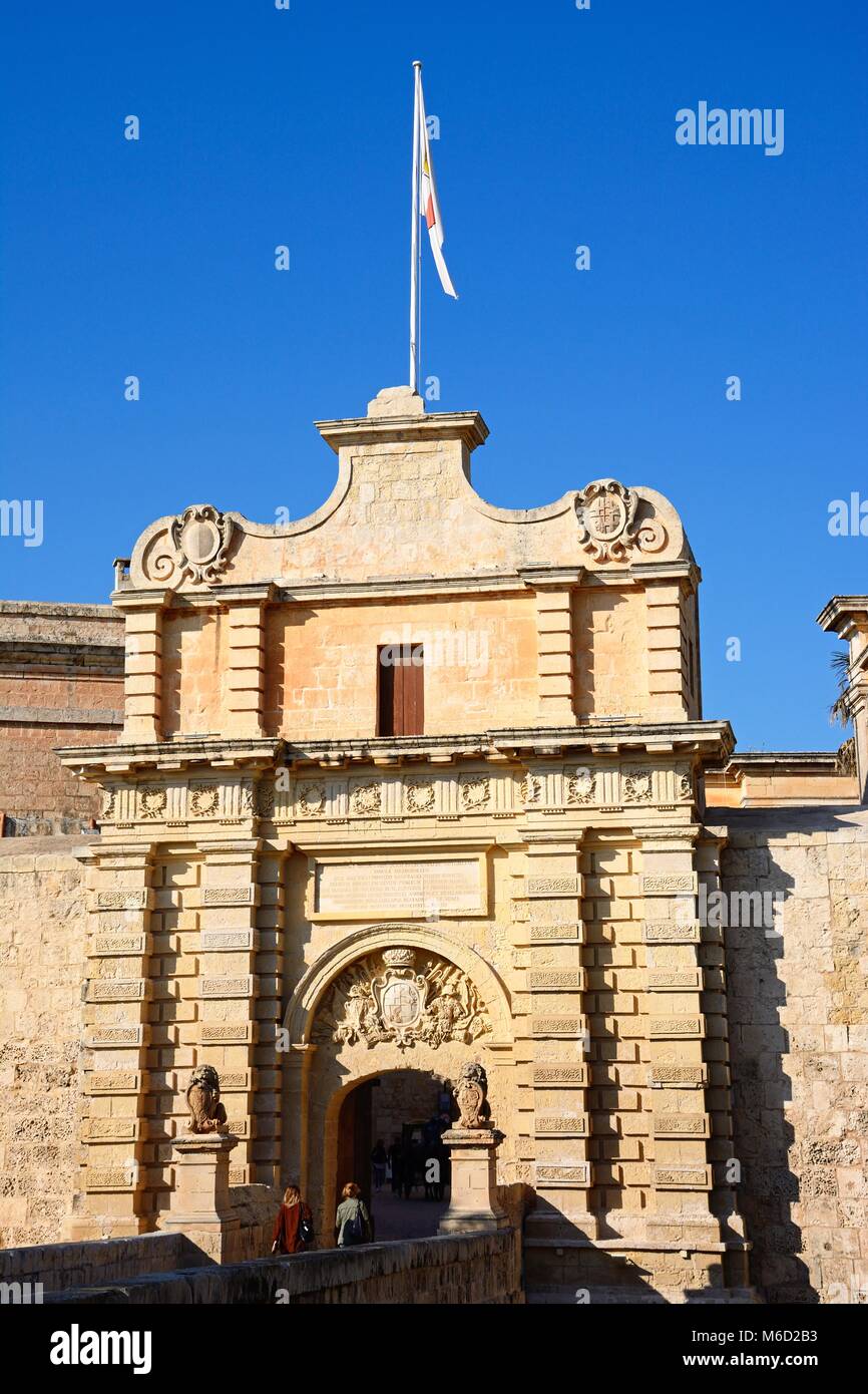 Footbridge leading to the Town Gate and city centre, Mdina, Malta ...
