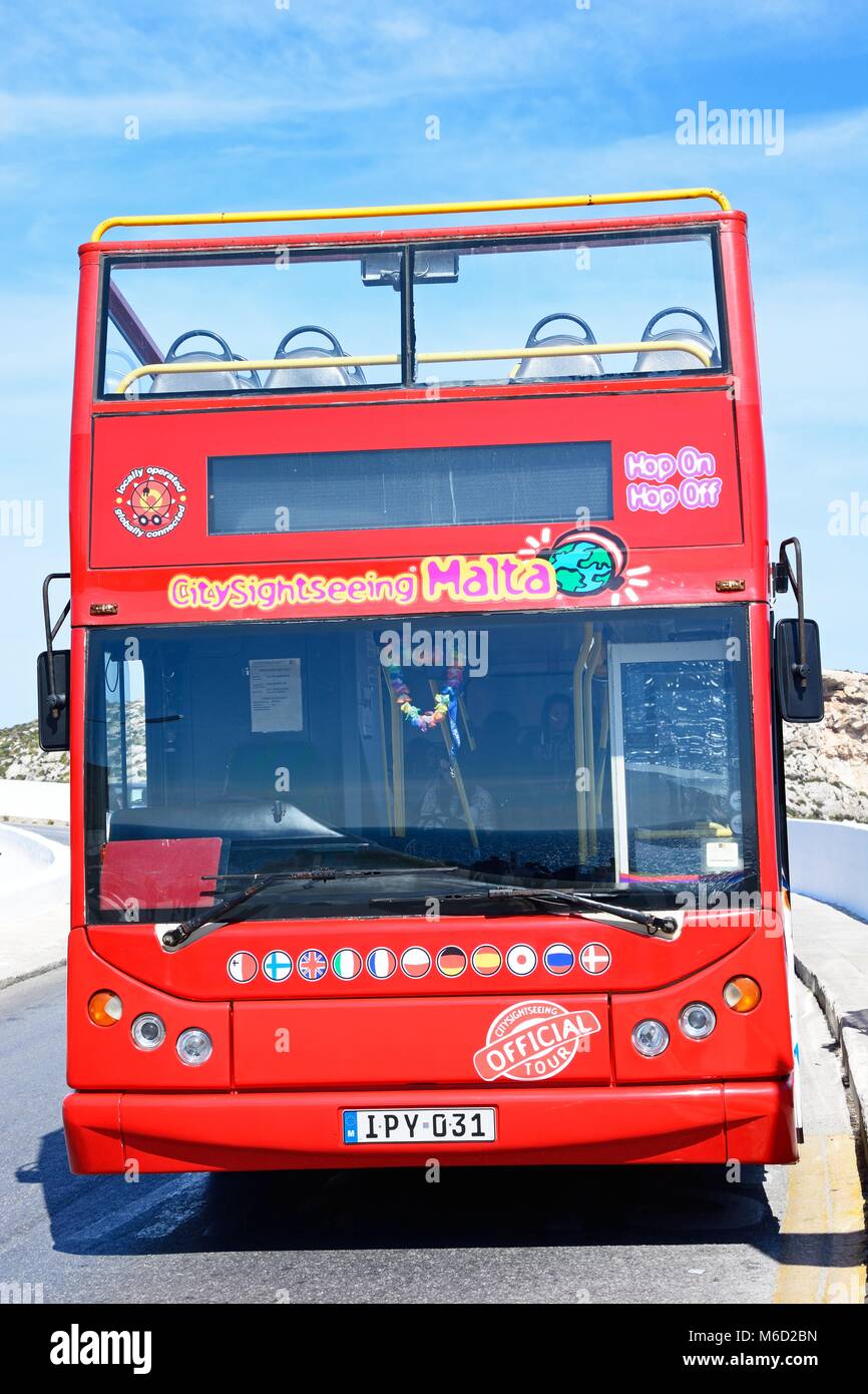 Front of a red open topped Maltese Tour Bus, Blue Grotto, Malta, Europe ...