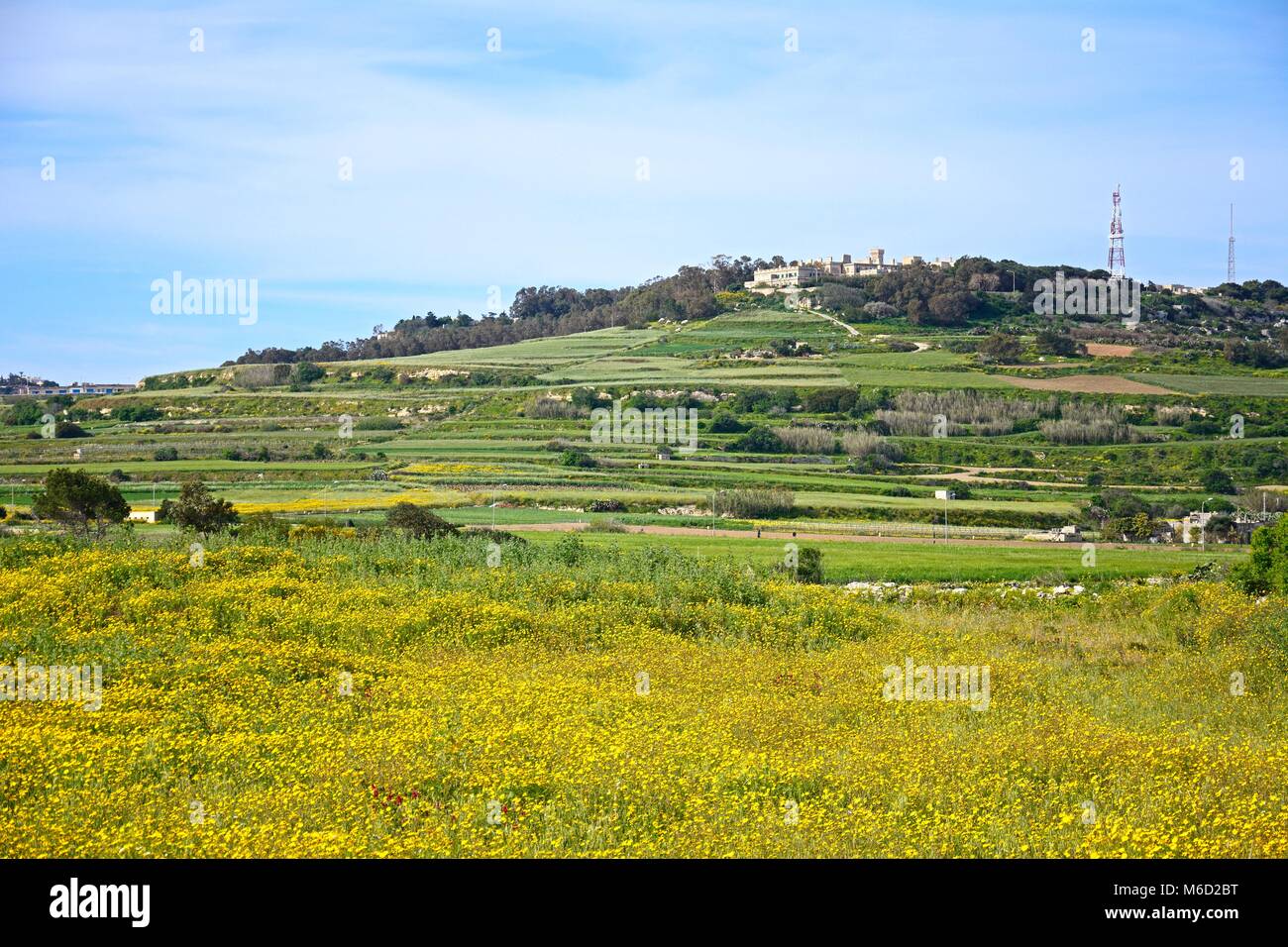 View across agricultural fields and meadows during the Springtime ...