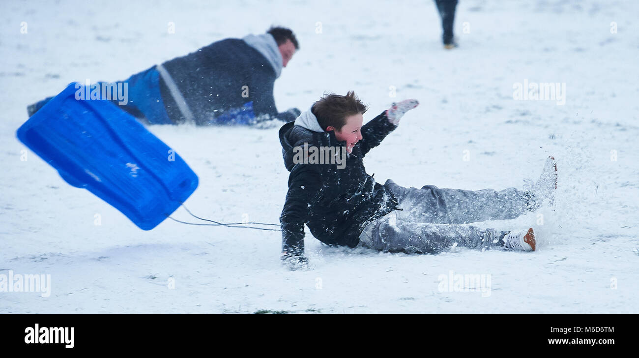 Primrose Hill, London. 2nd March, 2018.People sledging and having fun ...