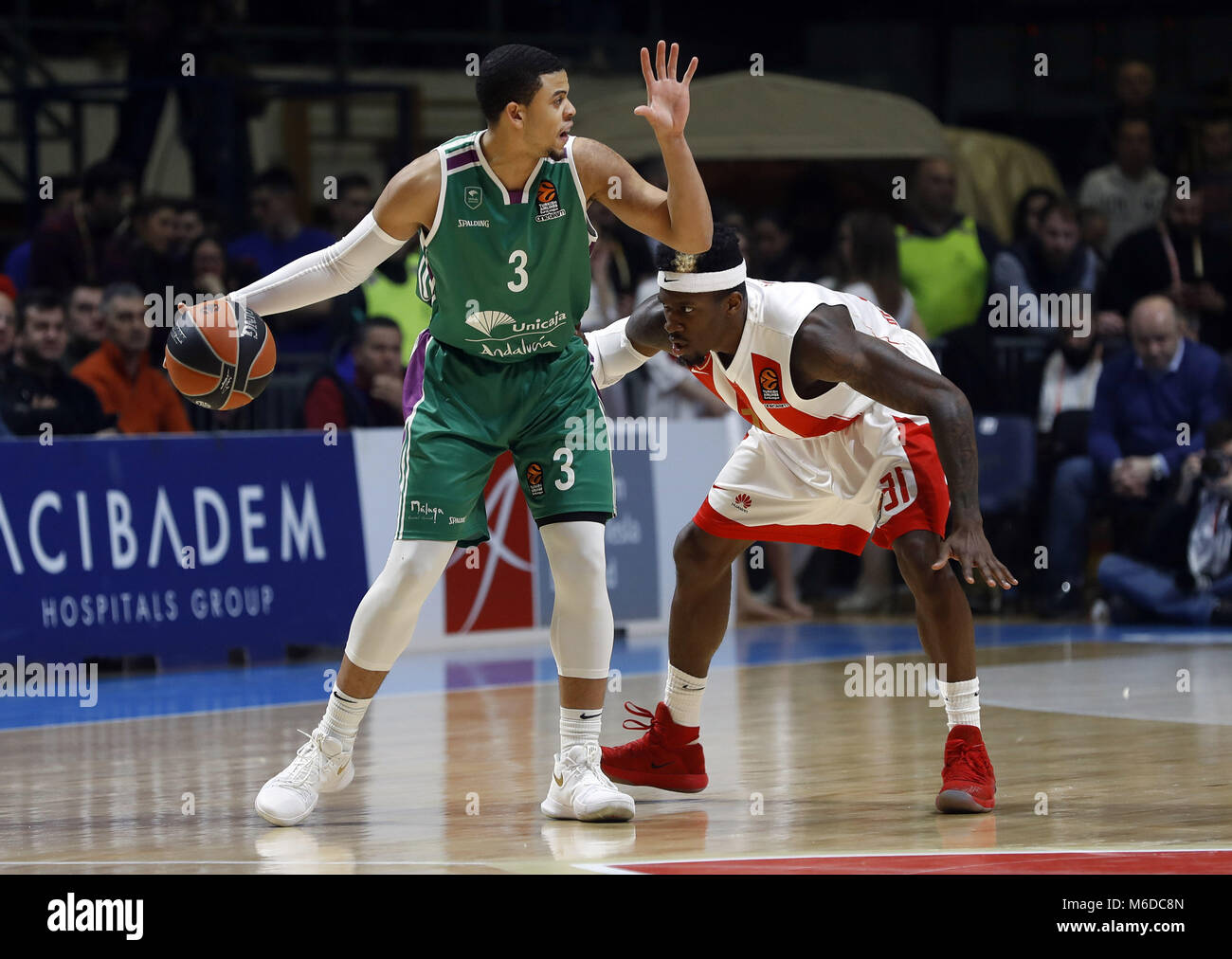 Belgrade. 2nd Mar, 2018. Unicaja's Ray Mccallum (L) vies with Crvena ...