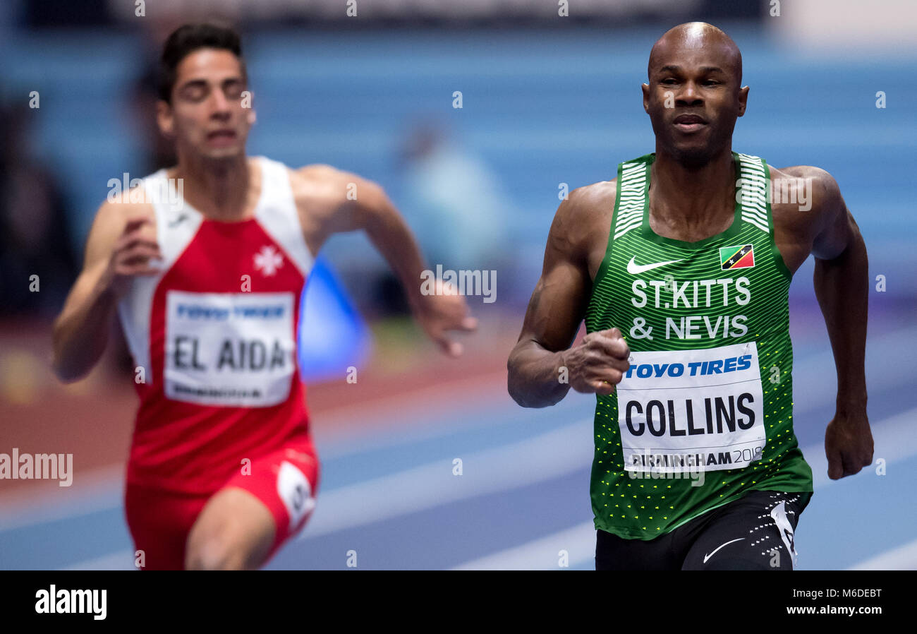 Birmingham, UK. 3rd March 2018. Kim Collins (R) from St. Kitts and ...