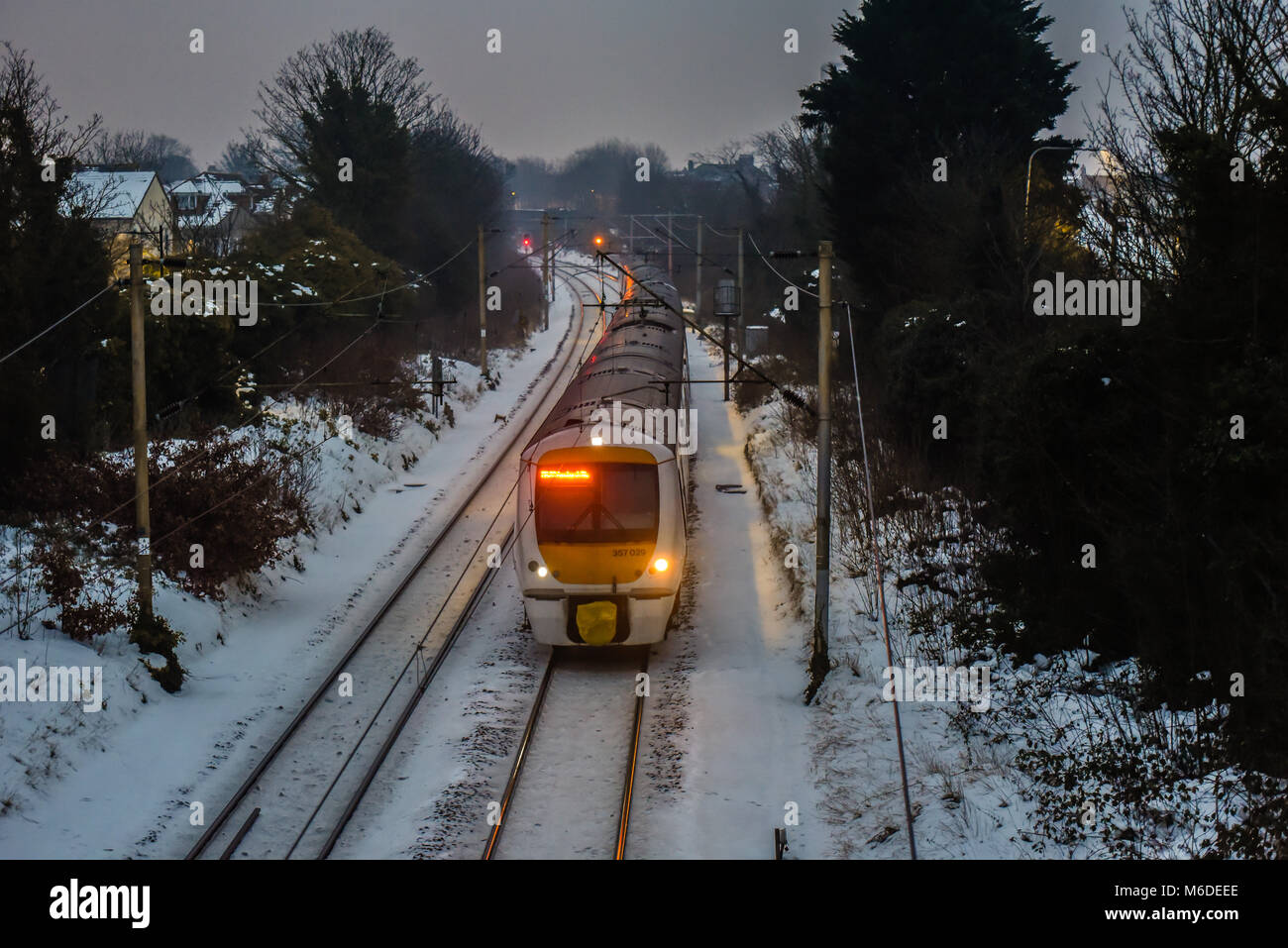 C2C's Shoeburyness to London railway lines with lying snow at Westcliff ...