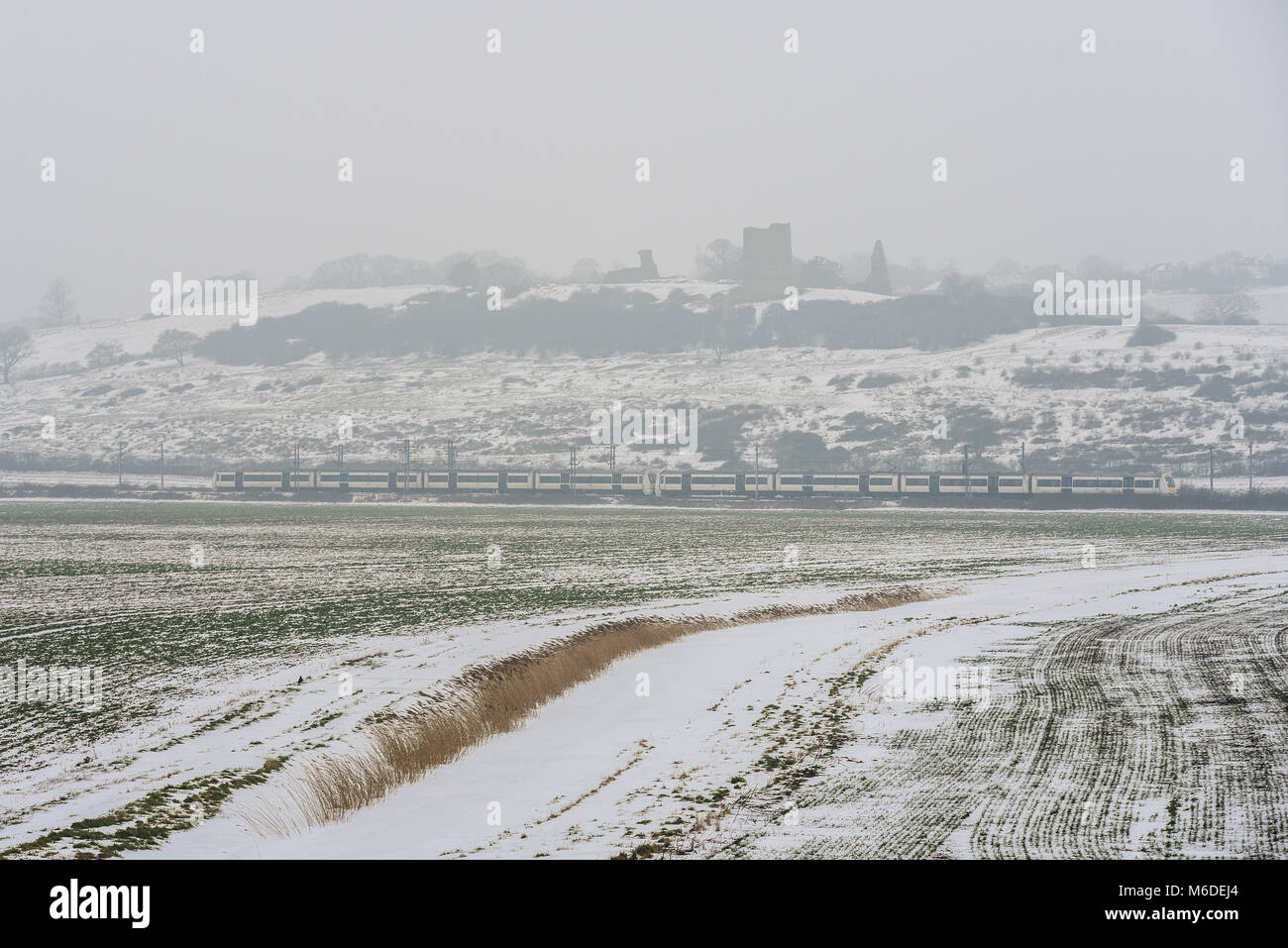 C2C railway train passing through snow covered Hadleigh Country Park ...