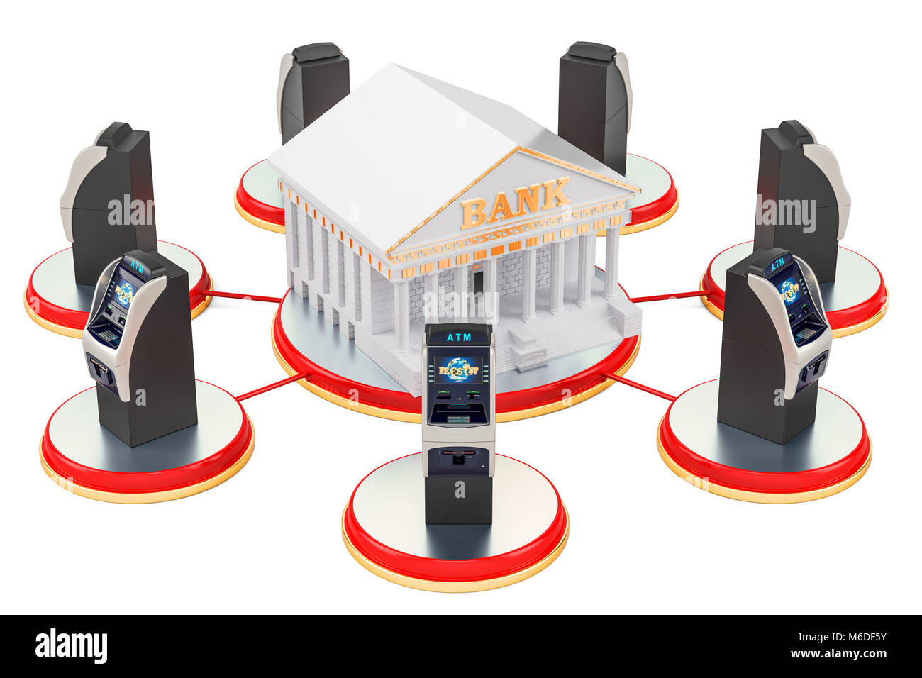 Banking service concept, ATM machines around bank. 3D rendering Stock ...