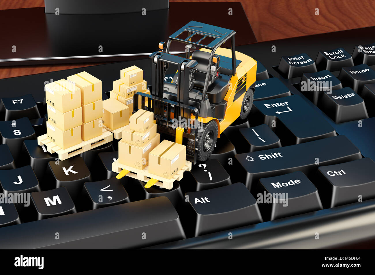 Shipping and logistics concept. Computer keyboard with parcels and ...