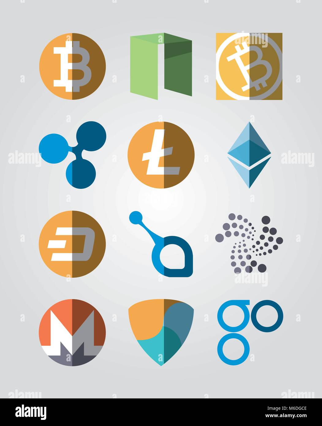 icon set of different symbols of cryptocurrency over white background, colorful design vector ...
