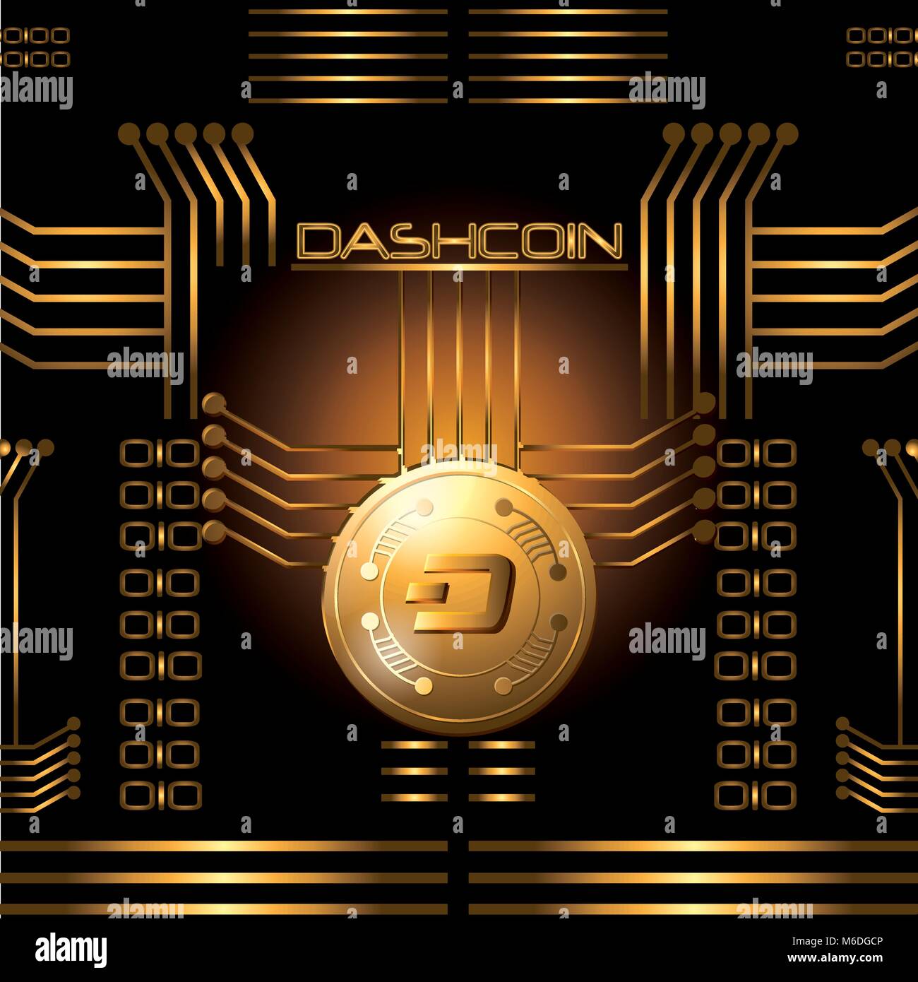Golden dashcoin coin over electronic circuit over black background ...