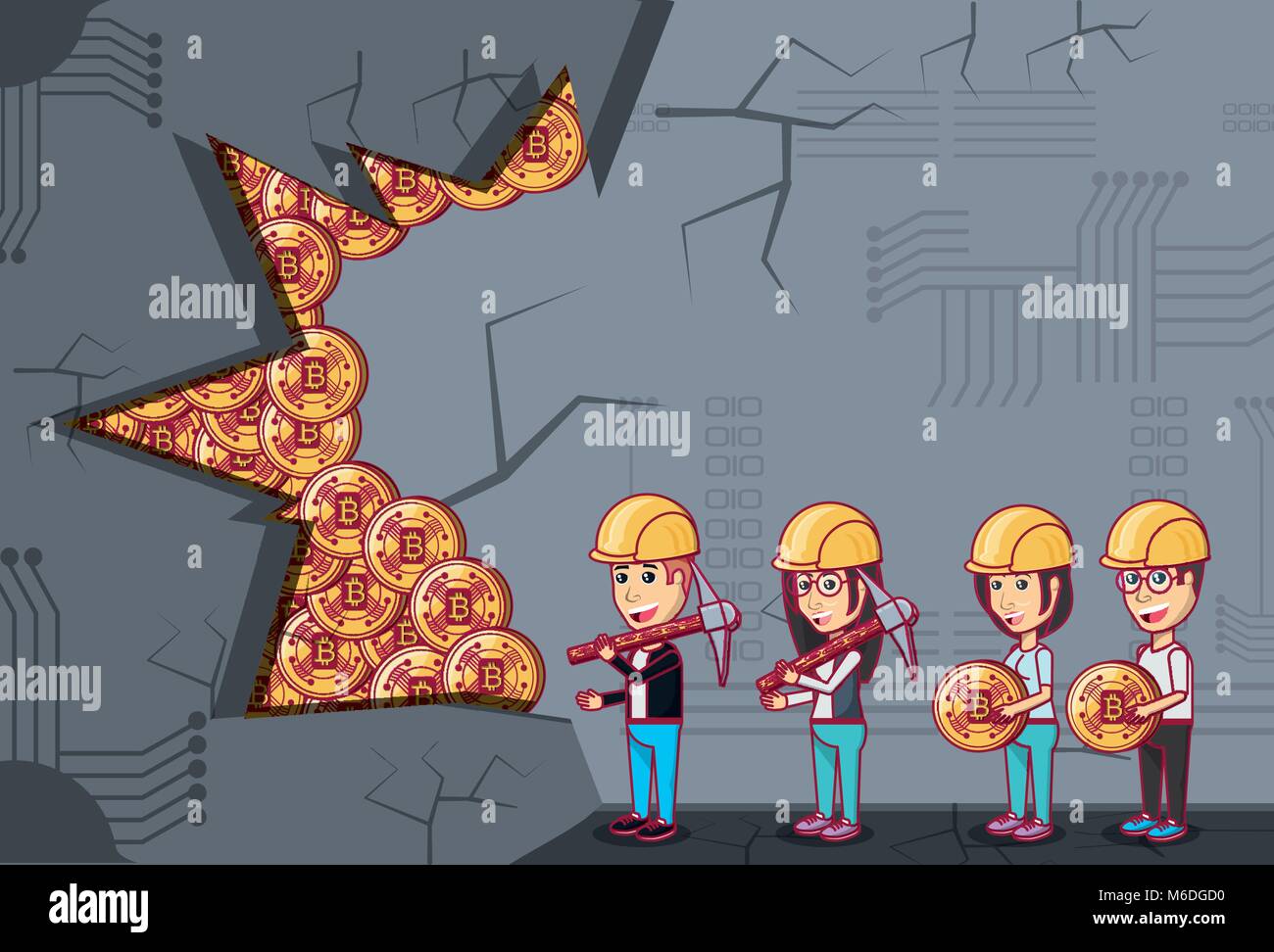 cryptocurrency mining design with cartoon people with pickaxes and ...