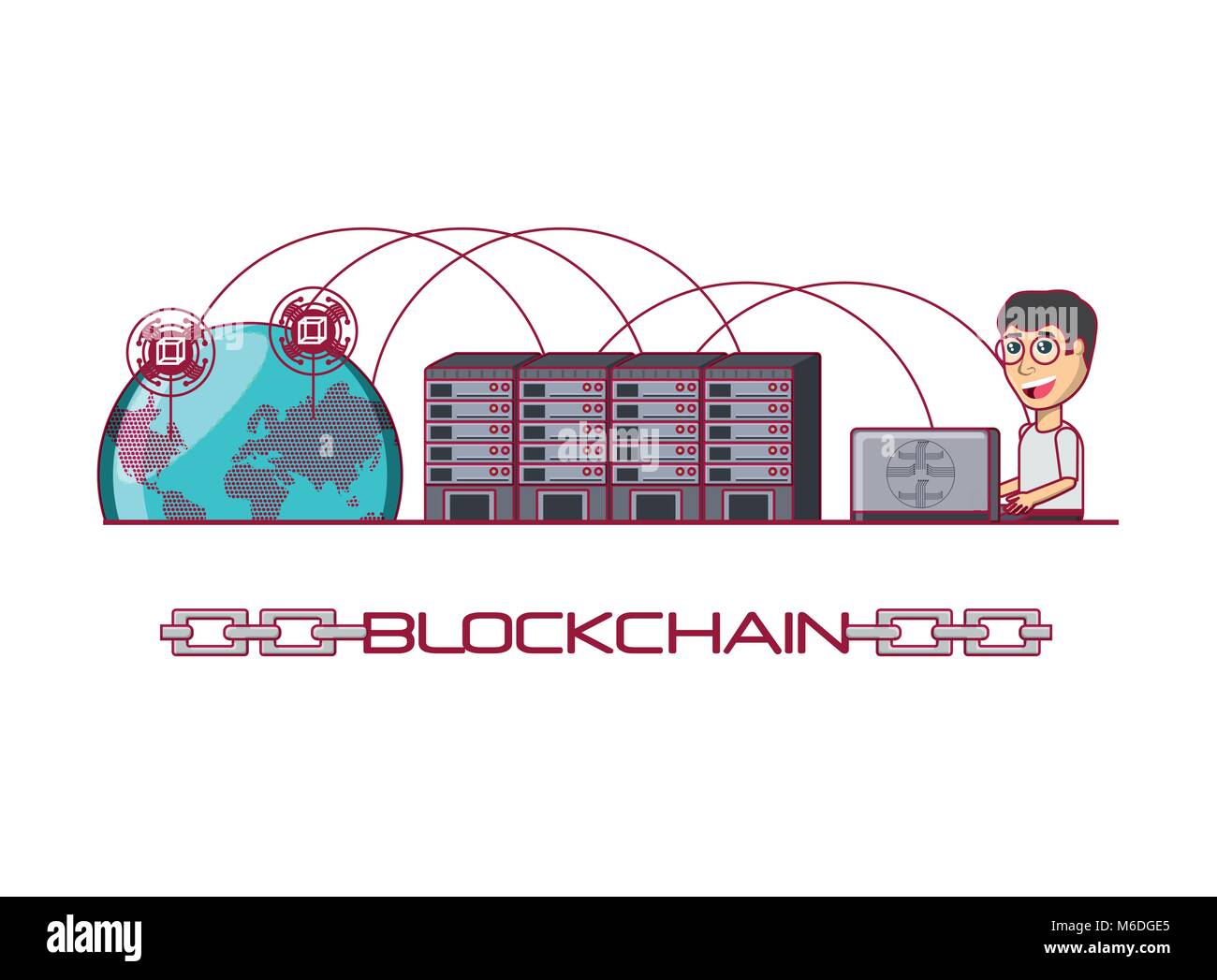 Blockchain design with cartoon man with a laptop and data servers over ...