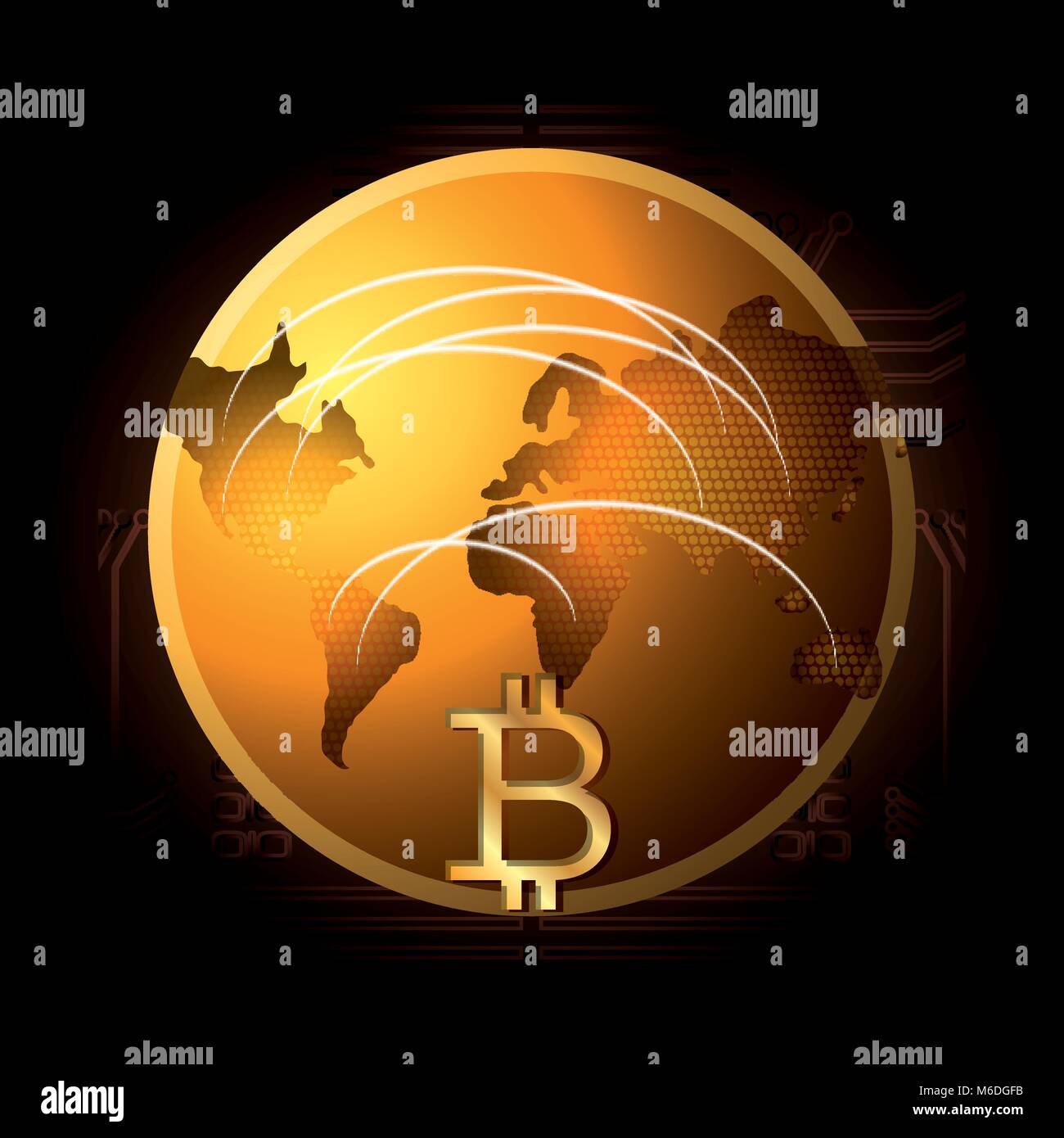 earth planet with bitcoin symbol over black background, golden design ...