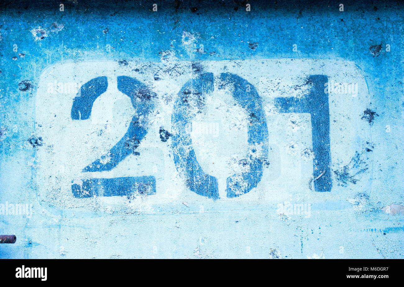 the number 2 0 1 on the blue wall, two hundred and one Stock Photo - Alamy