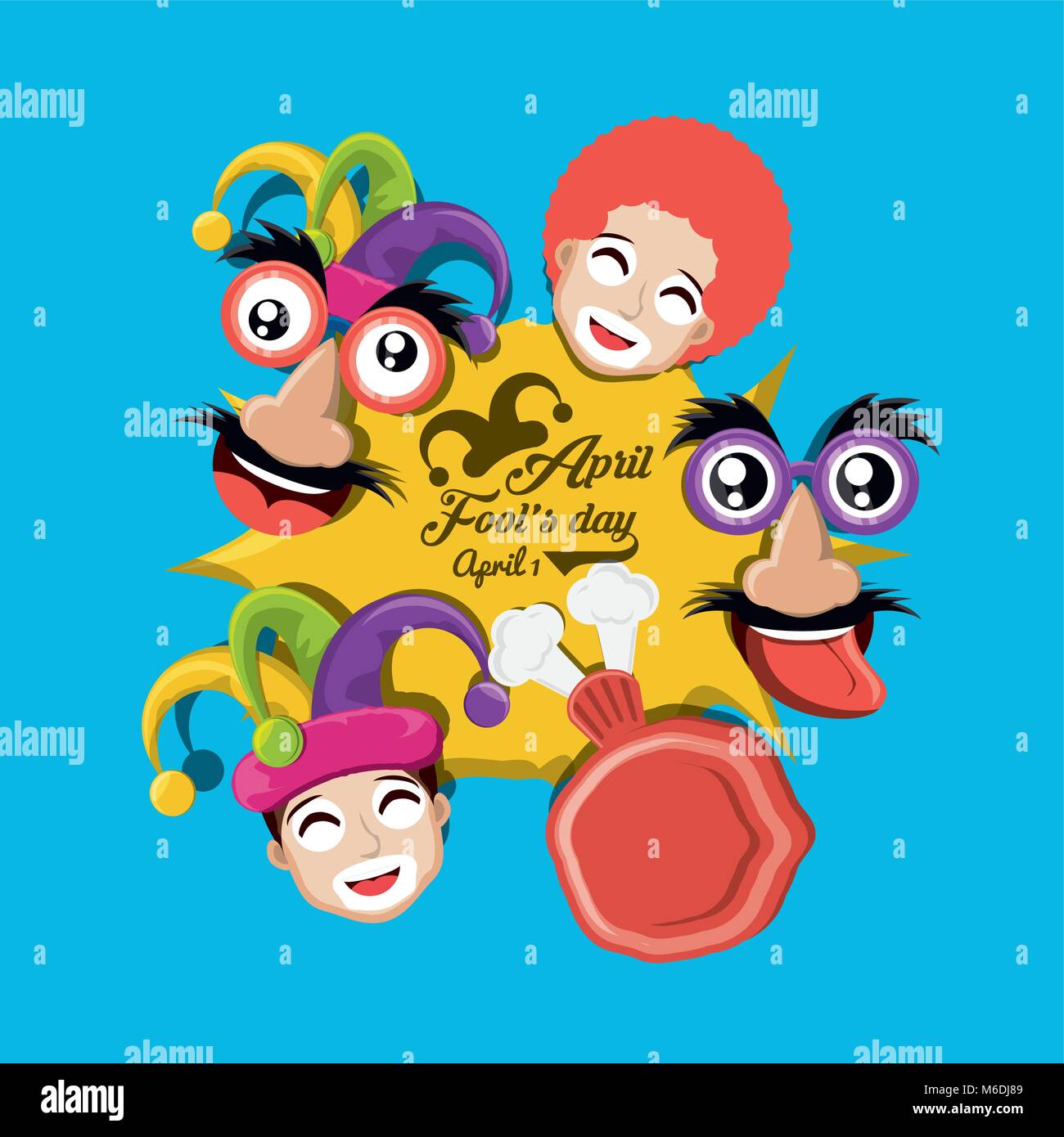 April fools day design with jester hat and related icons around over ...