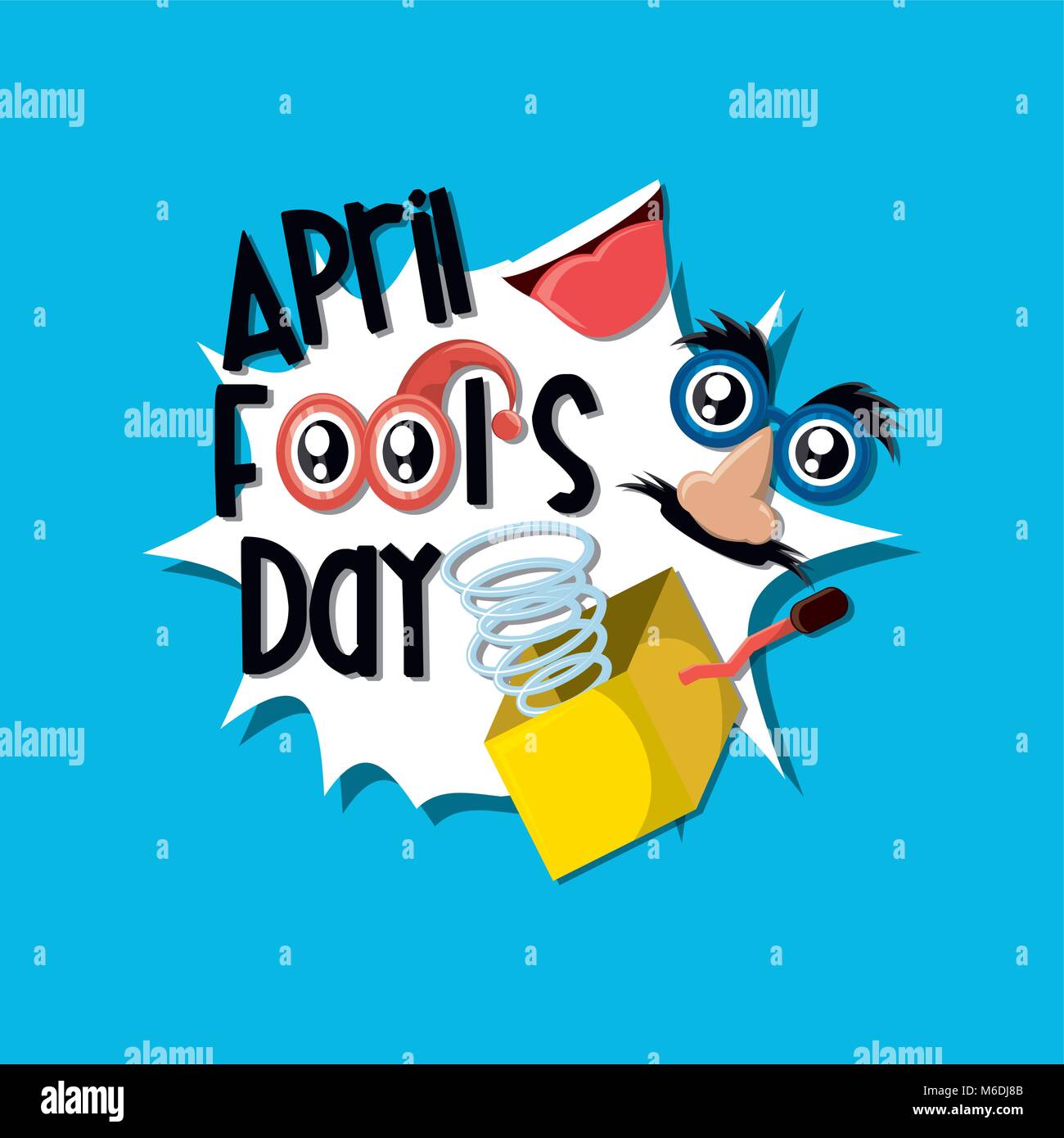 April fools day design with joke box and comic face icon over blue ...