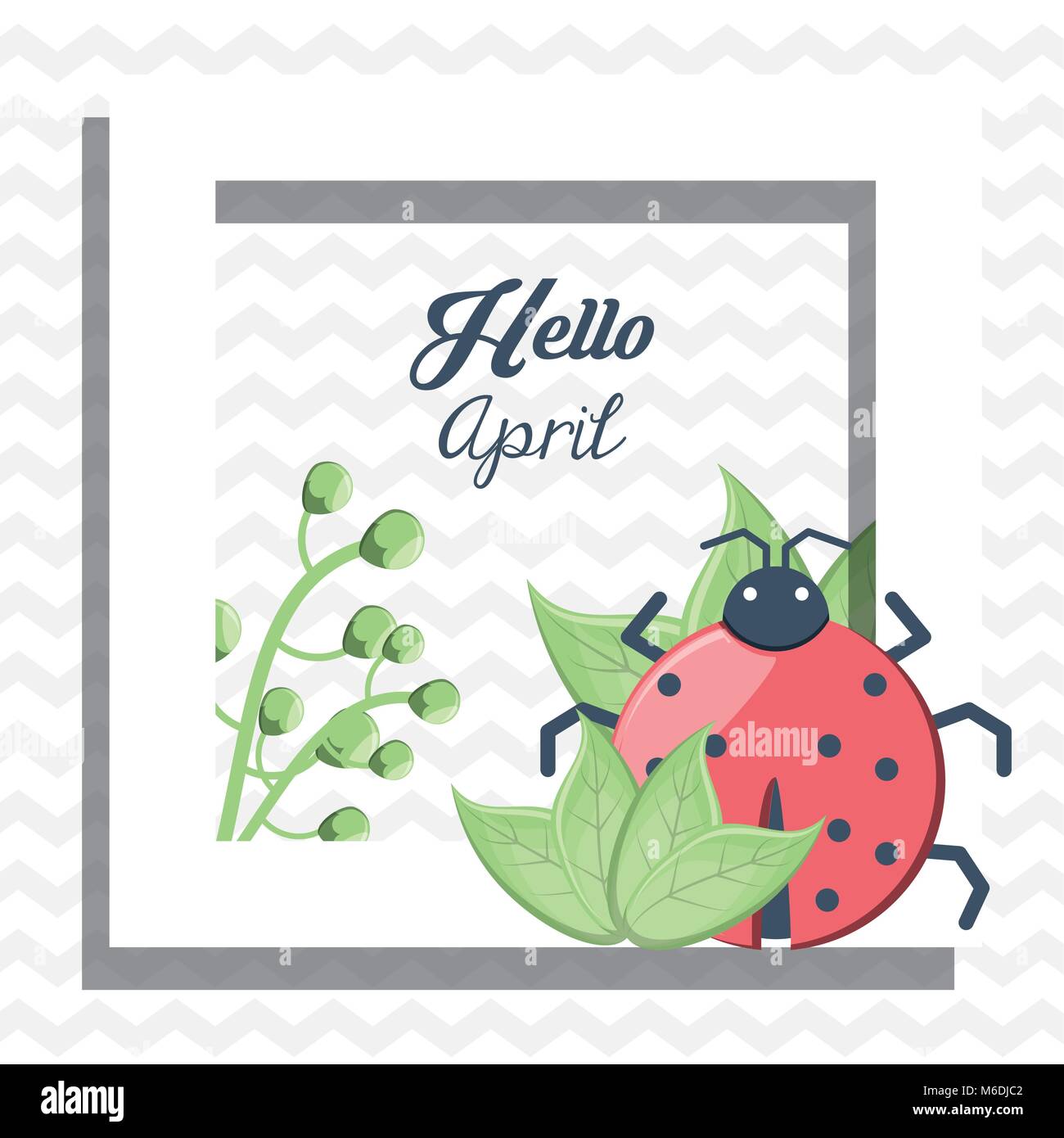 Decorative frame with cute bug and green plants over white background ...