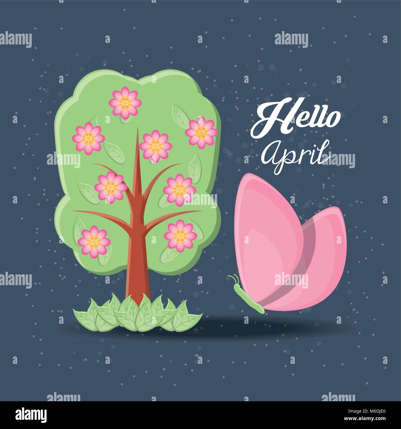 Hello april design with floral tree and beautiful butterfly icon over ...