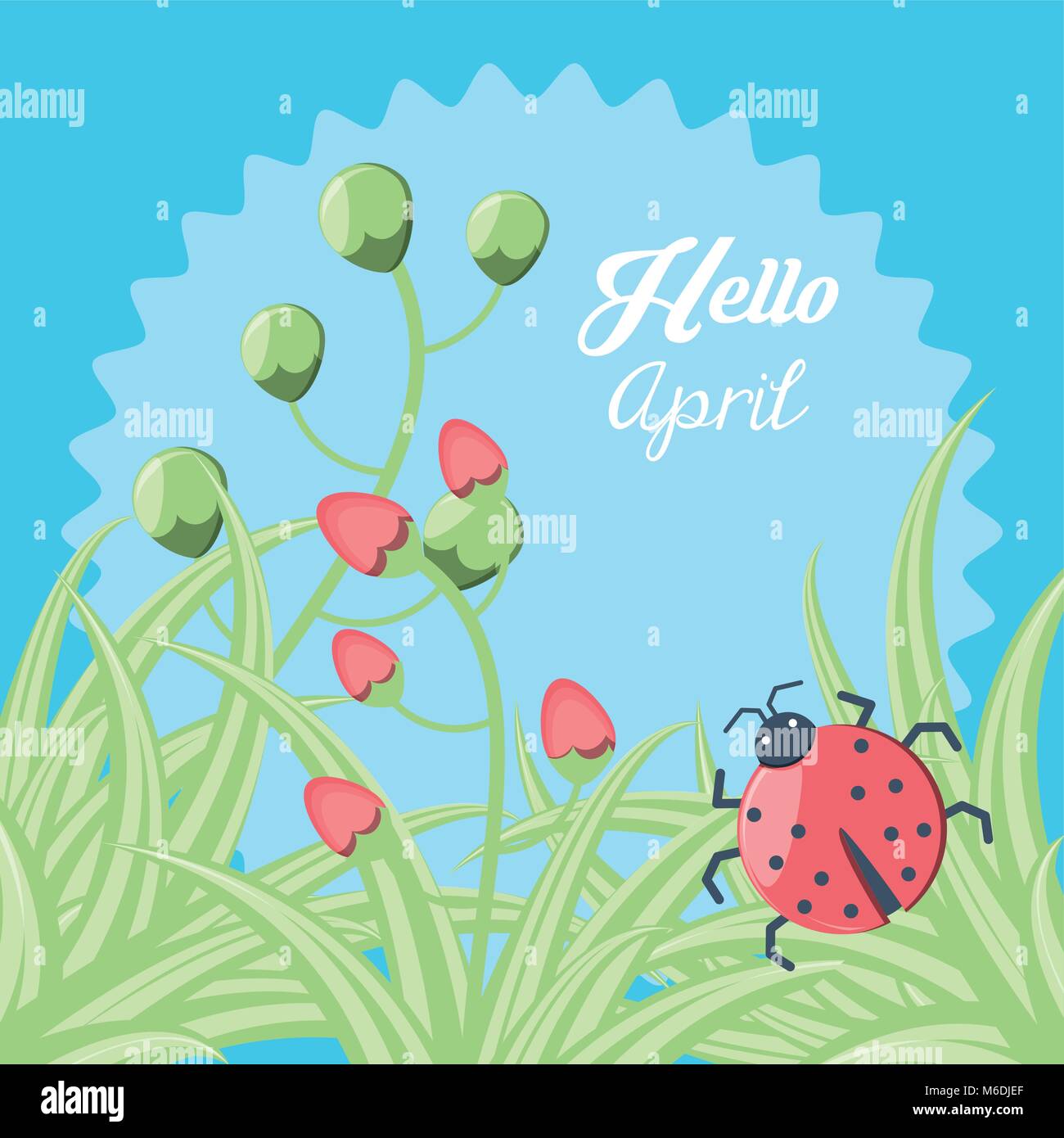Hello april design with grass with beautiful bug icon over blue ...