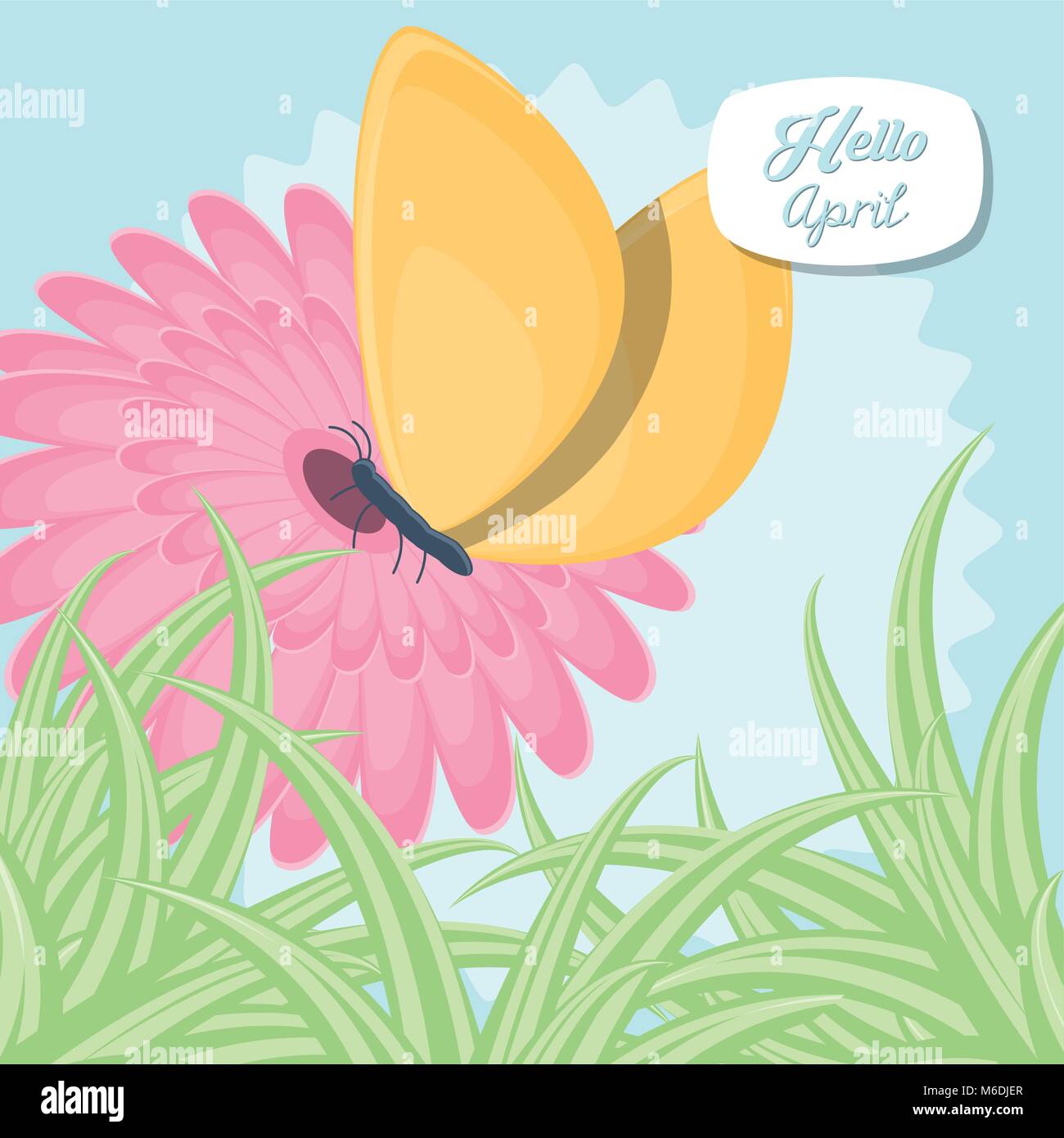 Hello april design with beautiful flower with butterfly icon over blue ...