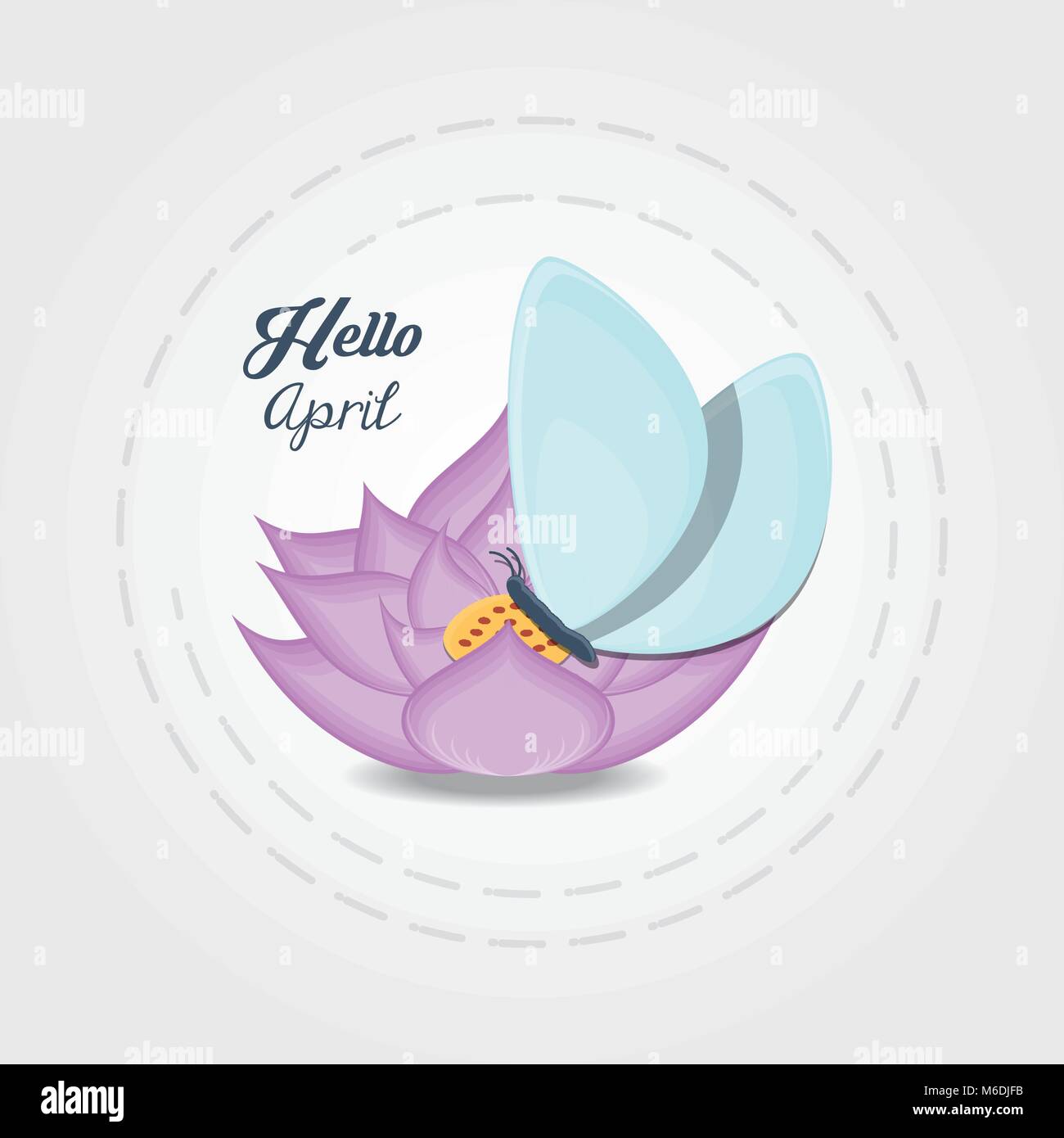 Hello april design with lotus flower and butterfly icon over white ...