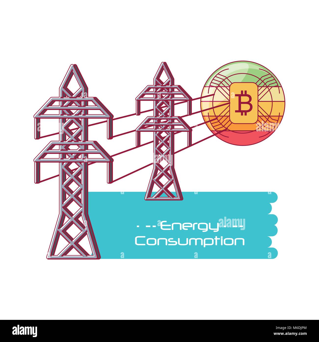 Energy Consumption design with energy towers and bitcoins over white ...