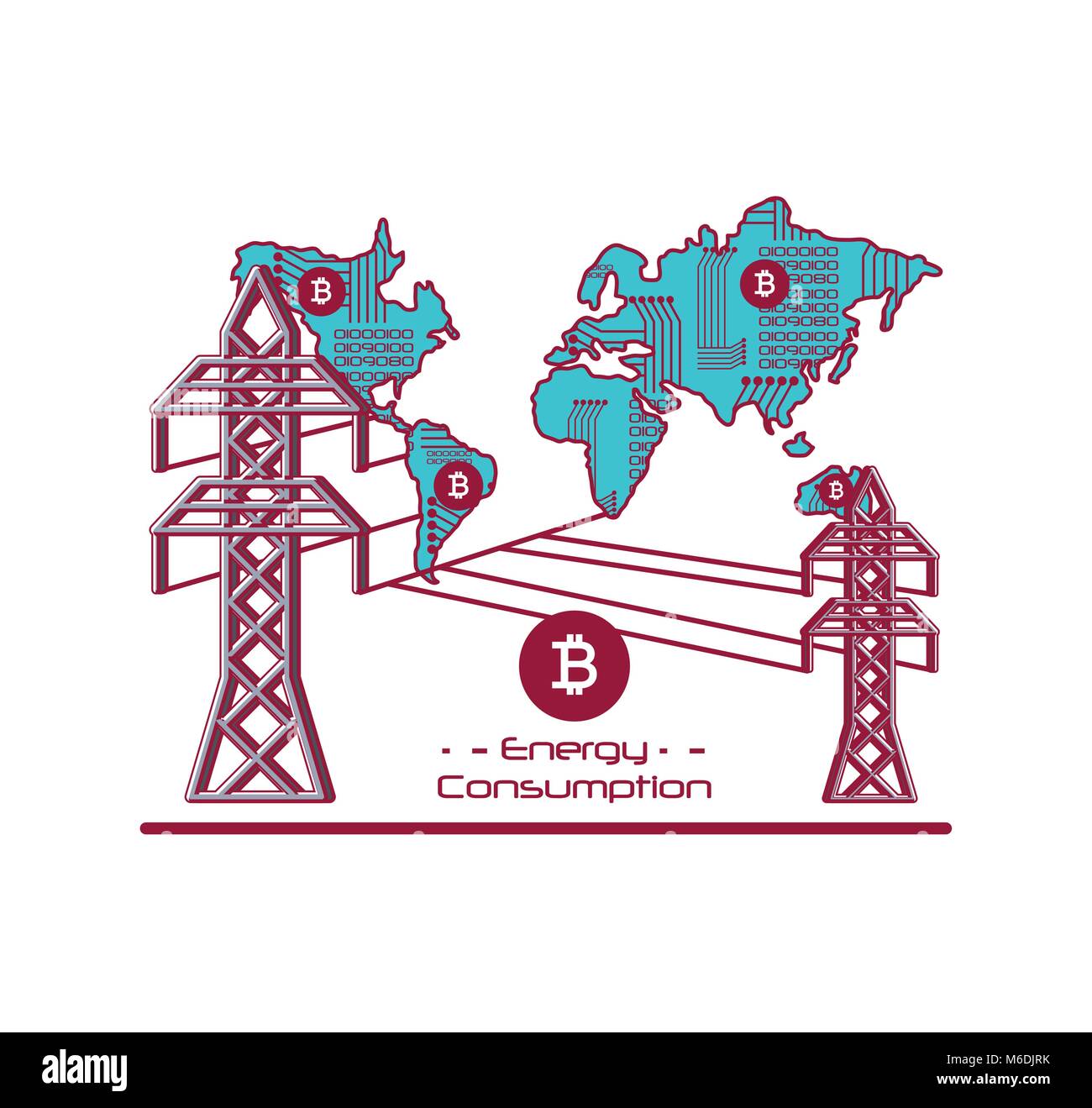Bitcoin Energy Consumption design with world map and energy towers over ...