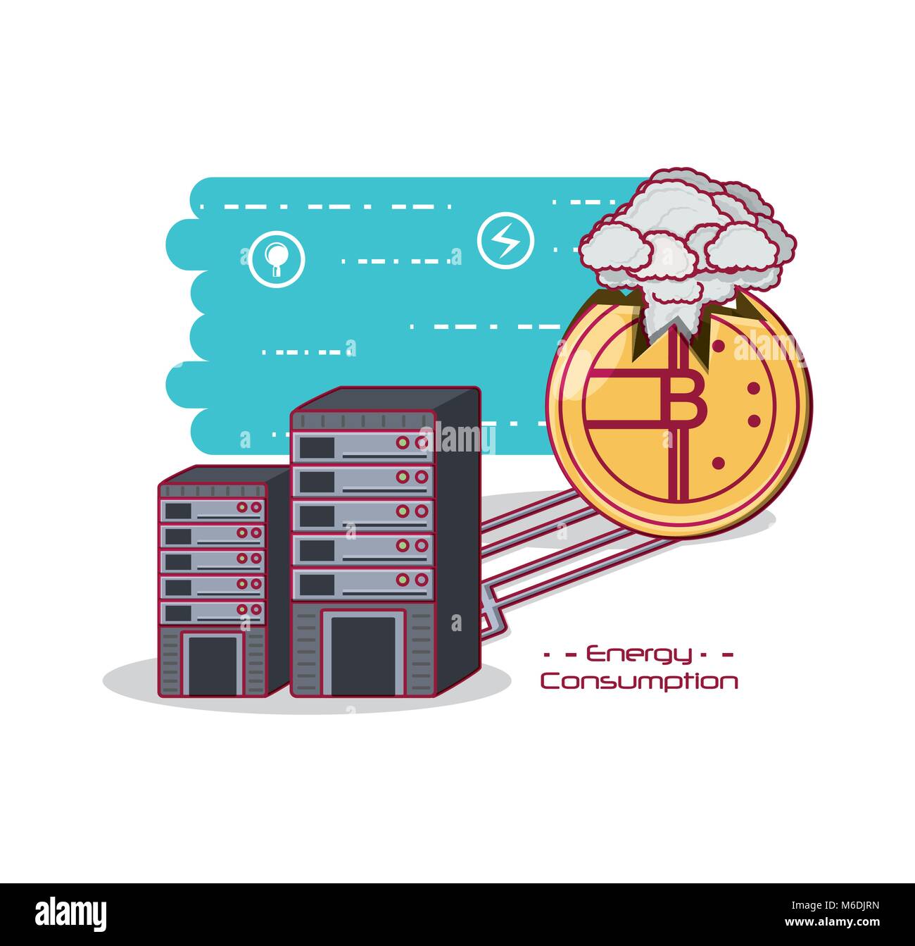 Energy Consumption design with data servers and bitcoin icon over blue ...