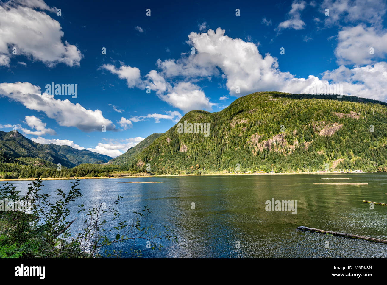 Mountains surrounding Zeballos River estuary, Zeballos Inlet of Pacific ...