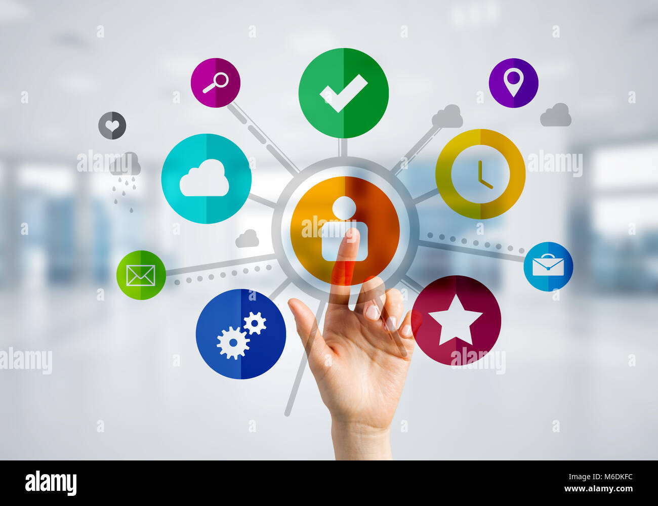 Modern office interior and close of businesswoman hand choosing icon on ...