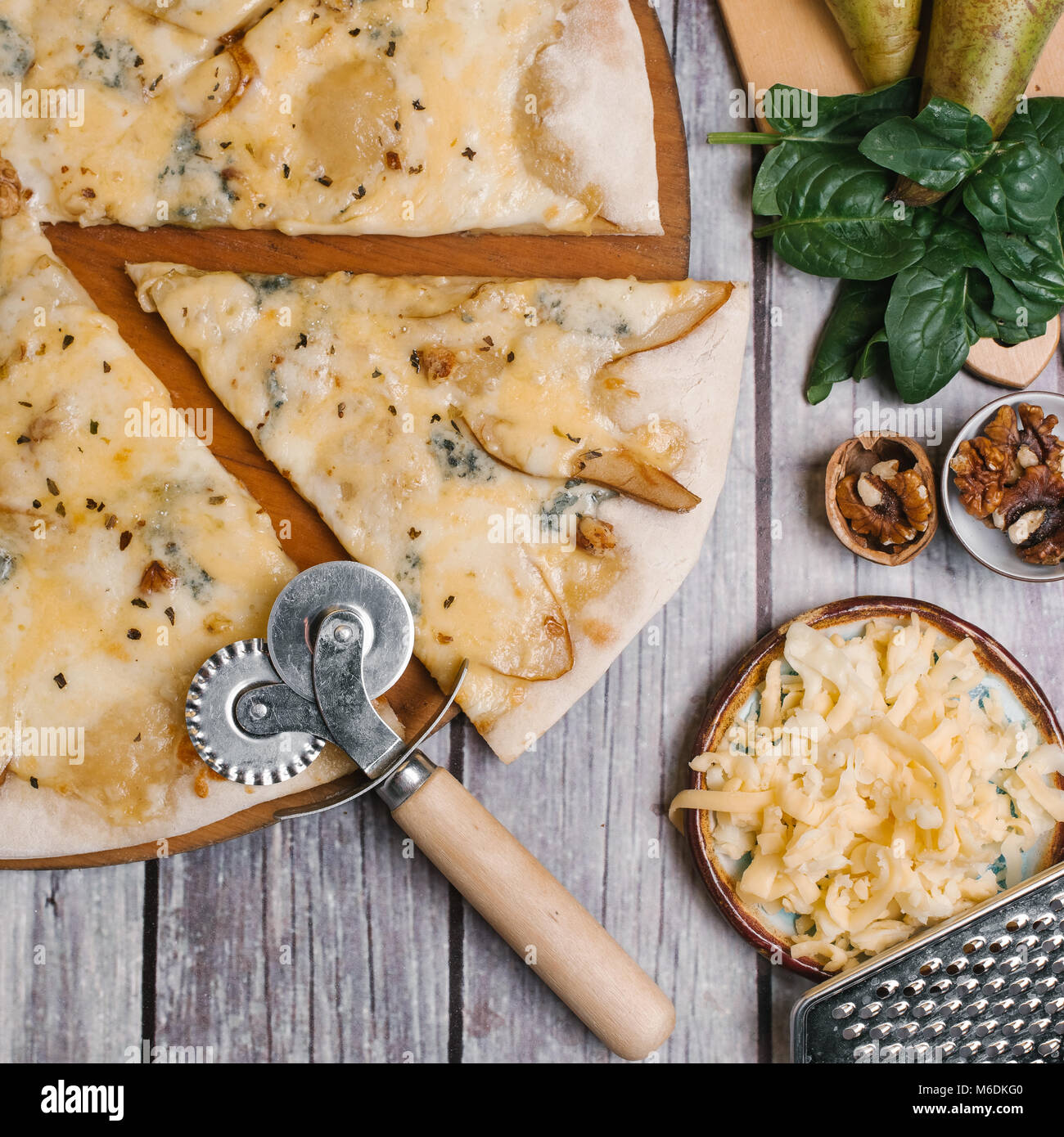 italian pizza traditional pizza with chicken and mushrooms on a white ...