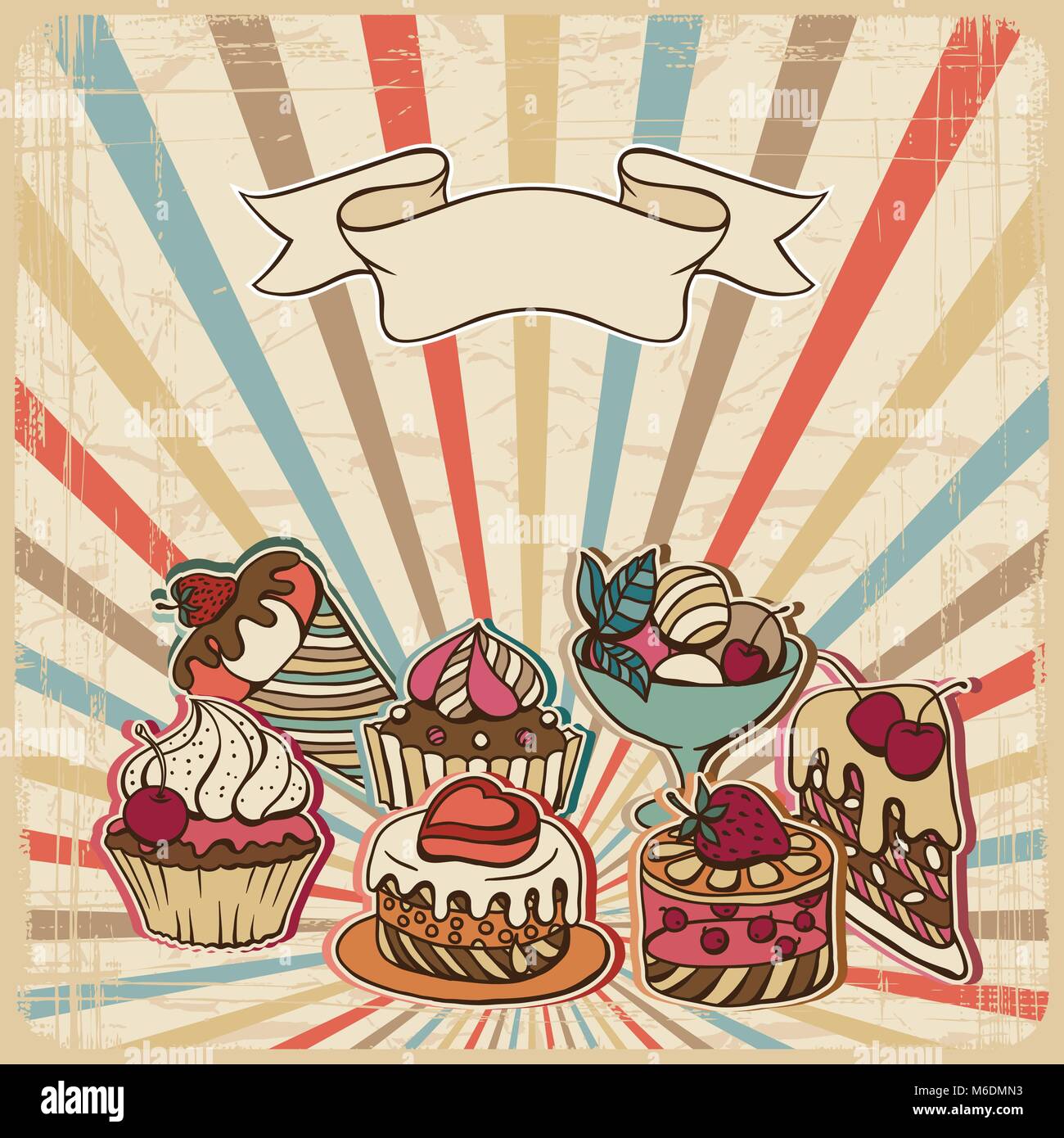 Vector background with of cake in retro style. Vintage card Stock ...