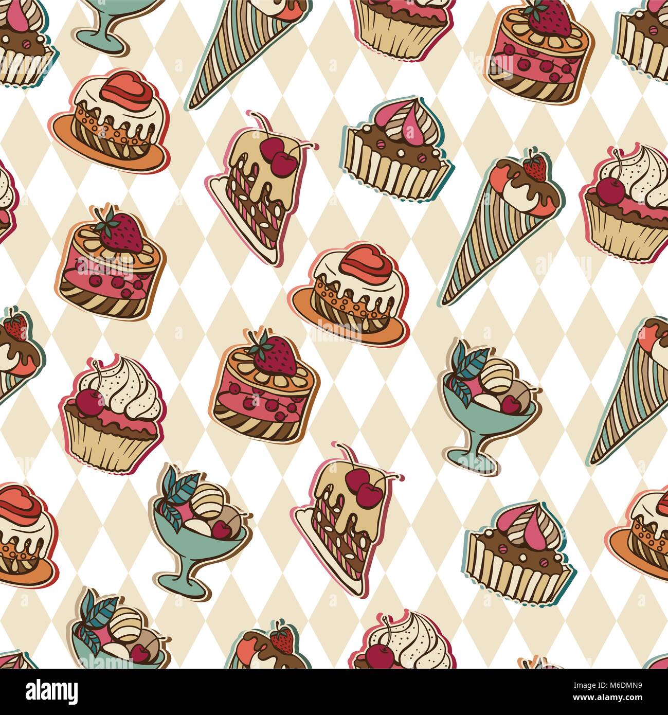 Vector background with of cake in retro style. Seamless pattern Stock ...