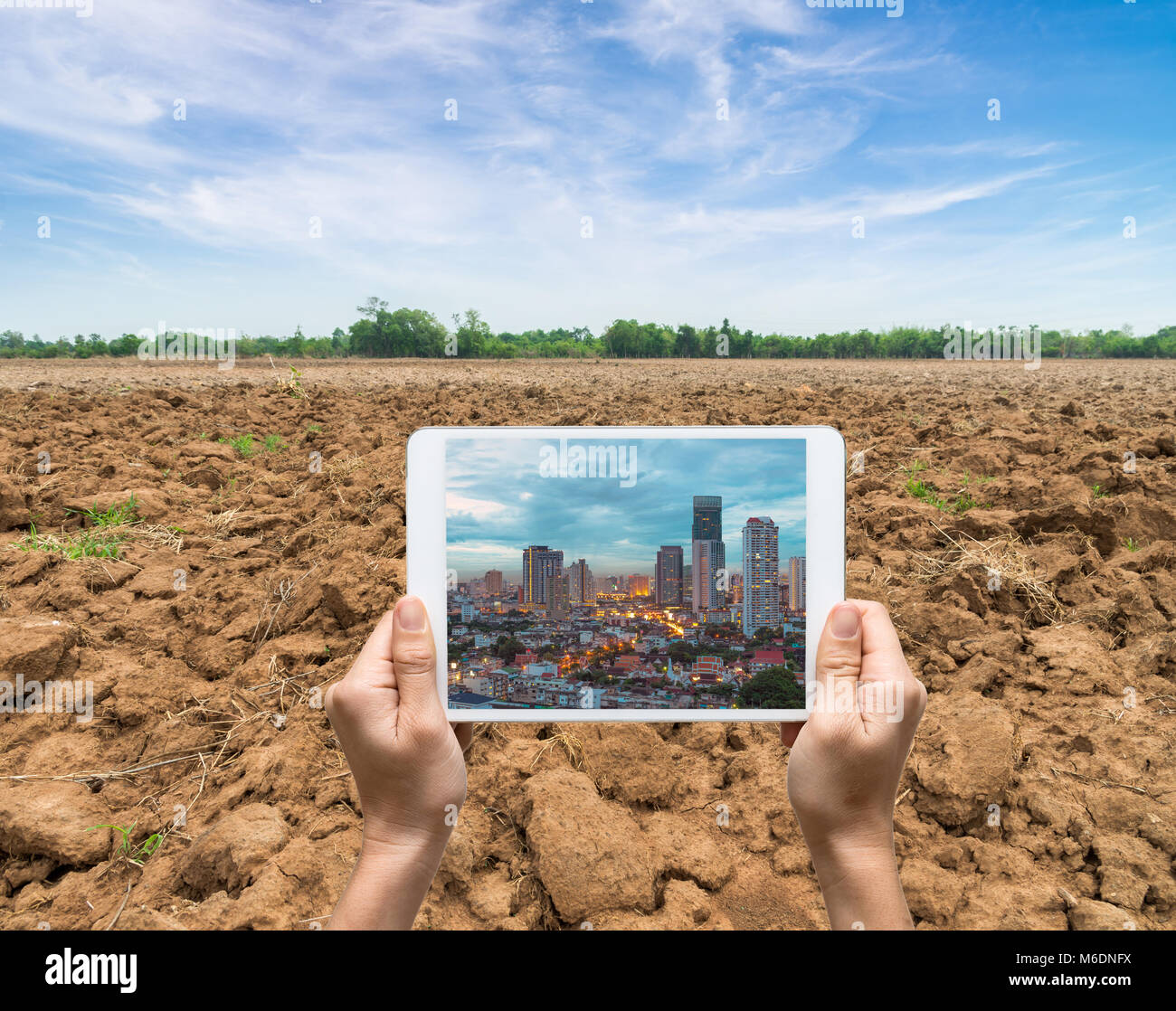 Female hands holding tablet taking pictures cityscape Modern building ...