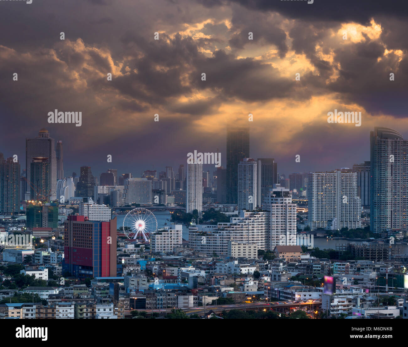 Bangkok Cityscape with Ferris wheel after sunset, blue tone Stock Photo ...