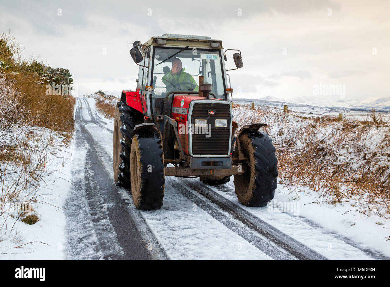 Irish farmer in Massey Ferguson tractor 390T in snow on Country lane ...
