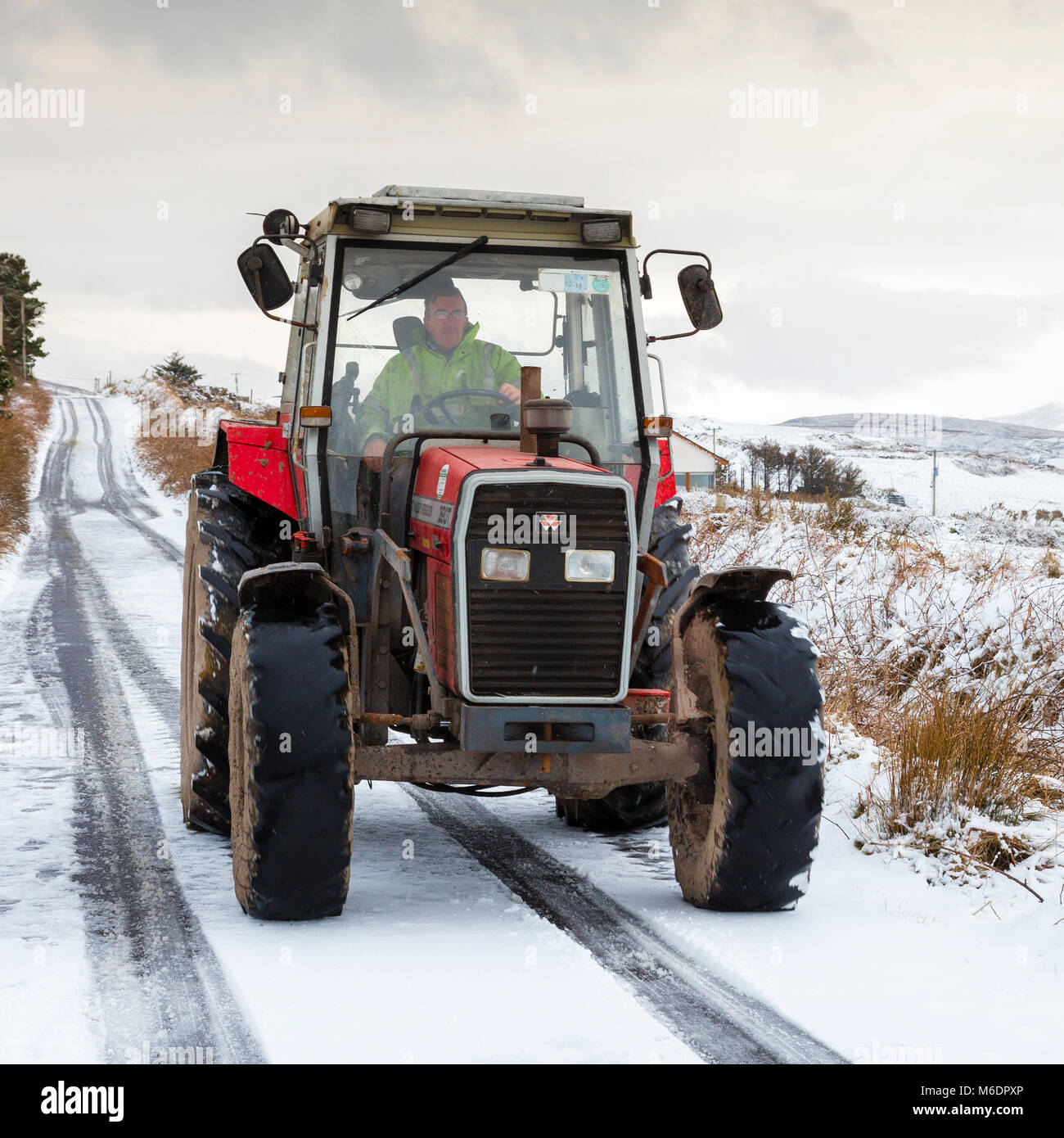 Irish farmer in Massey Ferguson tractor 390T in snow on Country lane ...