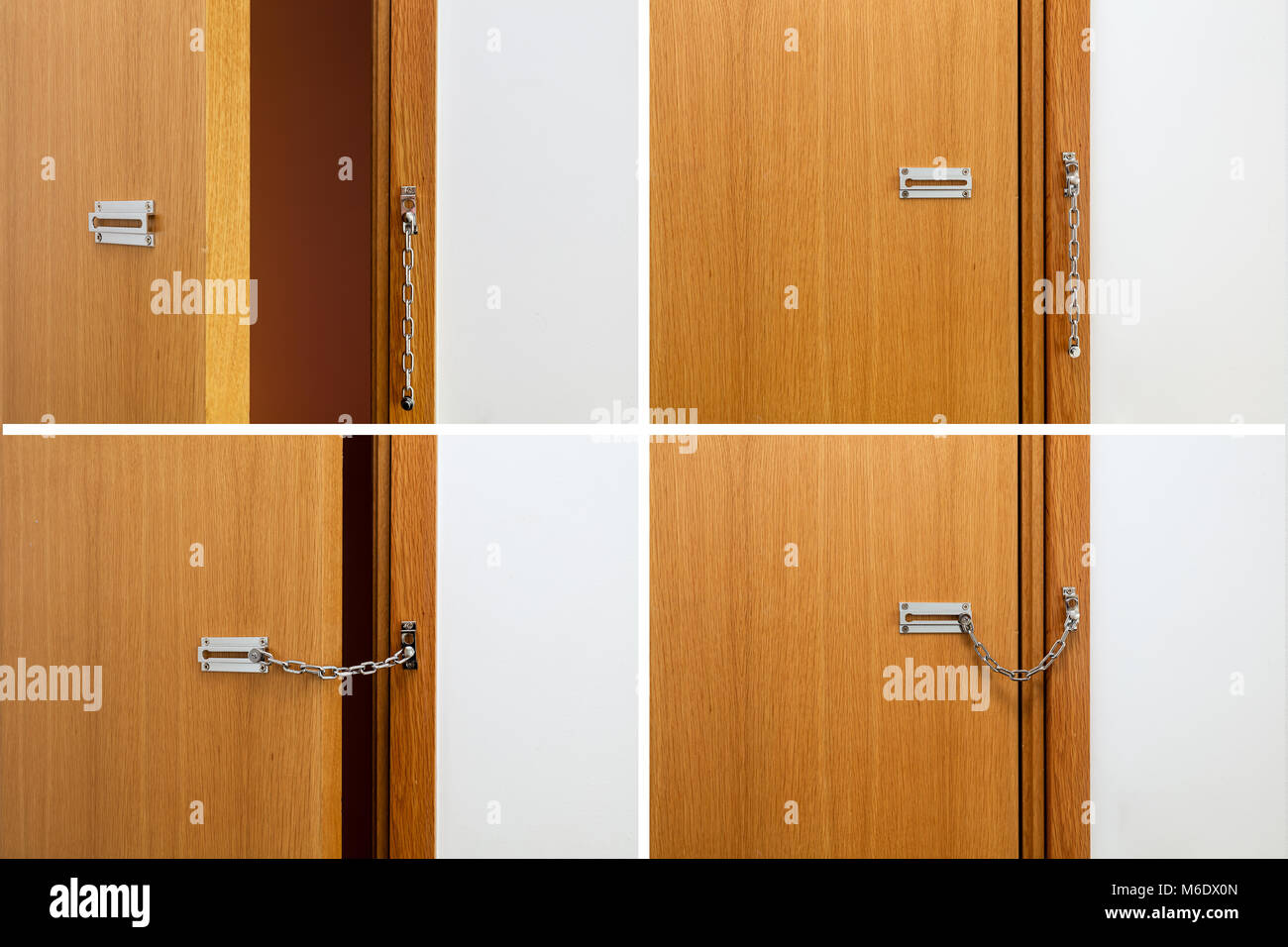Unlocked and locked stages of a brown wooden door with a silver chain ...