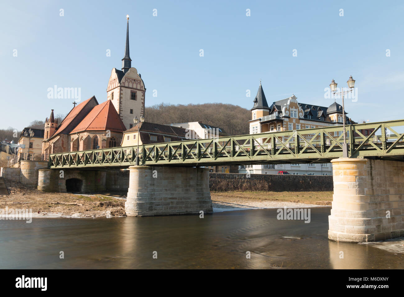 View of the bridge and the church in the German town of Gera in ...