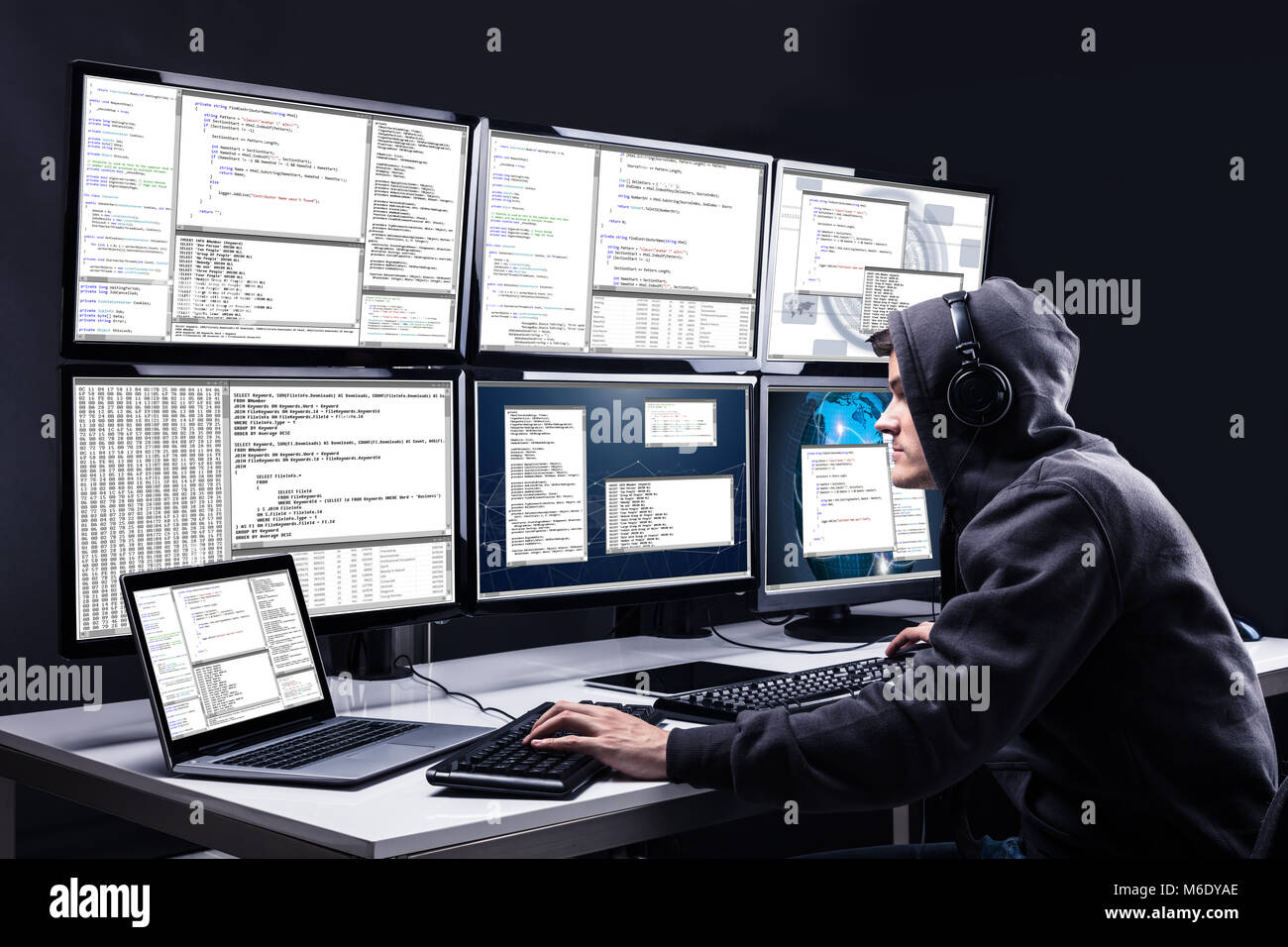 Rear View Of A Hacker Using Multiple Computers For Stealing Data In 9517
