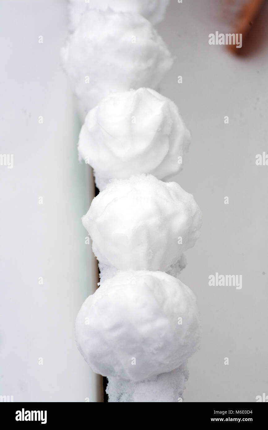 real snowballs with their hands clasped from the fresh snow in winter ...