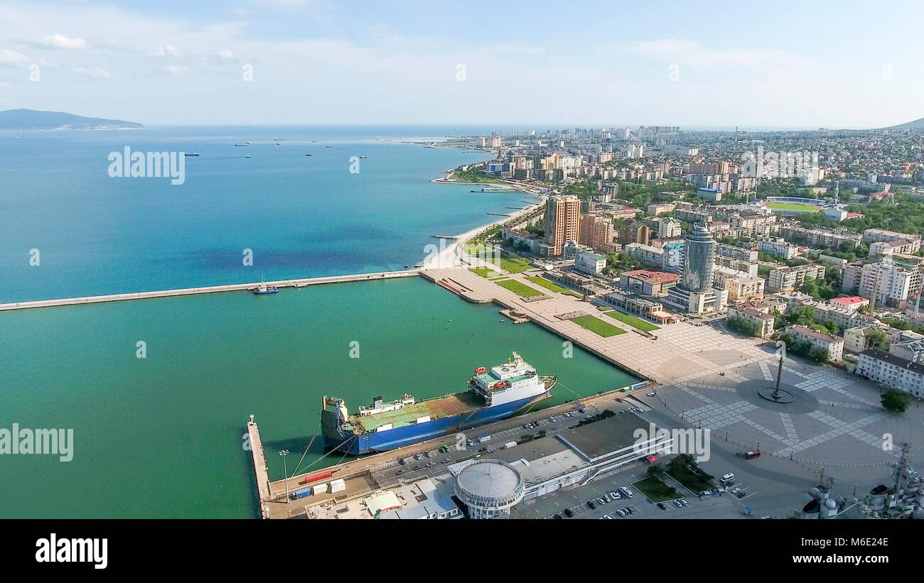 Top view of the marina and quay of Novorossiysk. Urban landscape of the ...