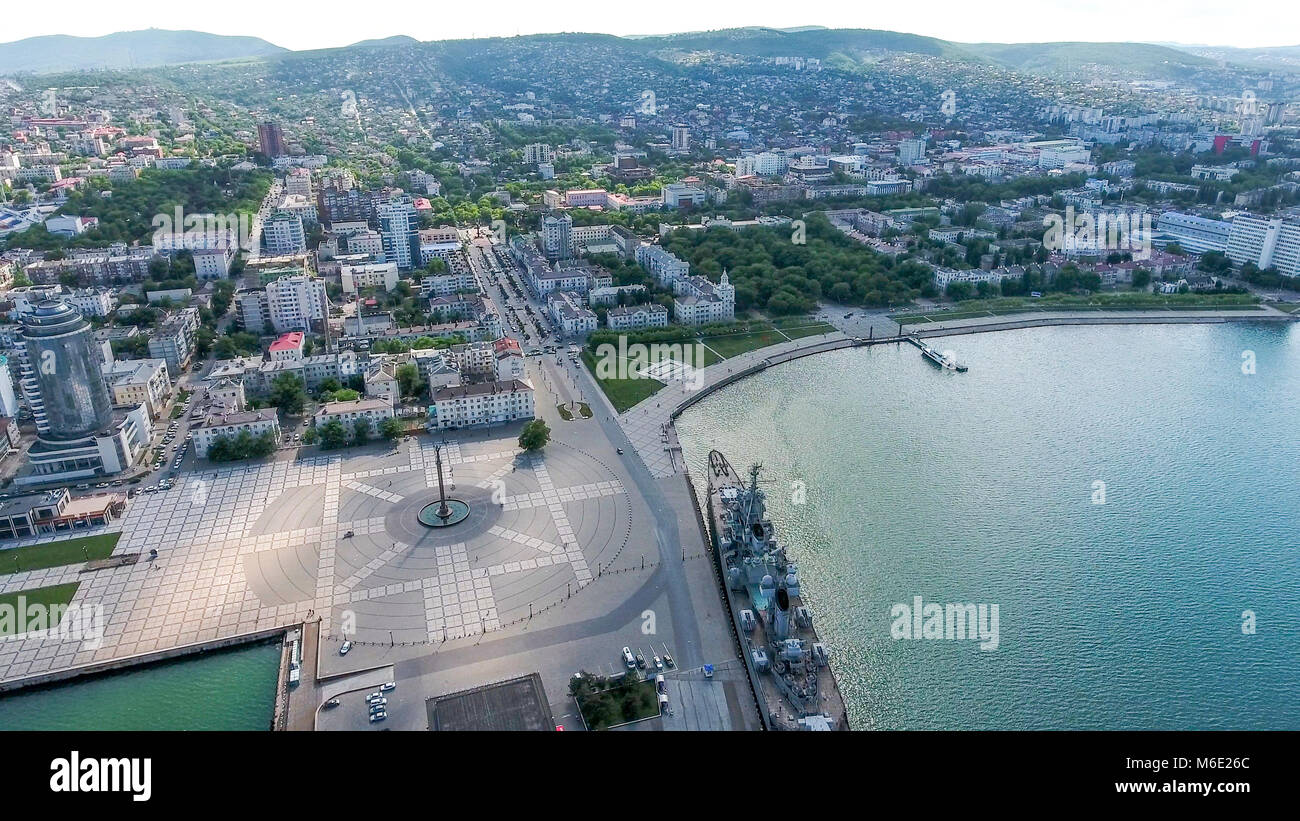 Top view of the marina and quay of Novorossiysk. Urban landscape of the ...