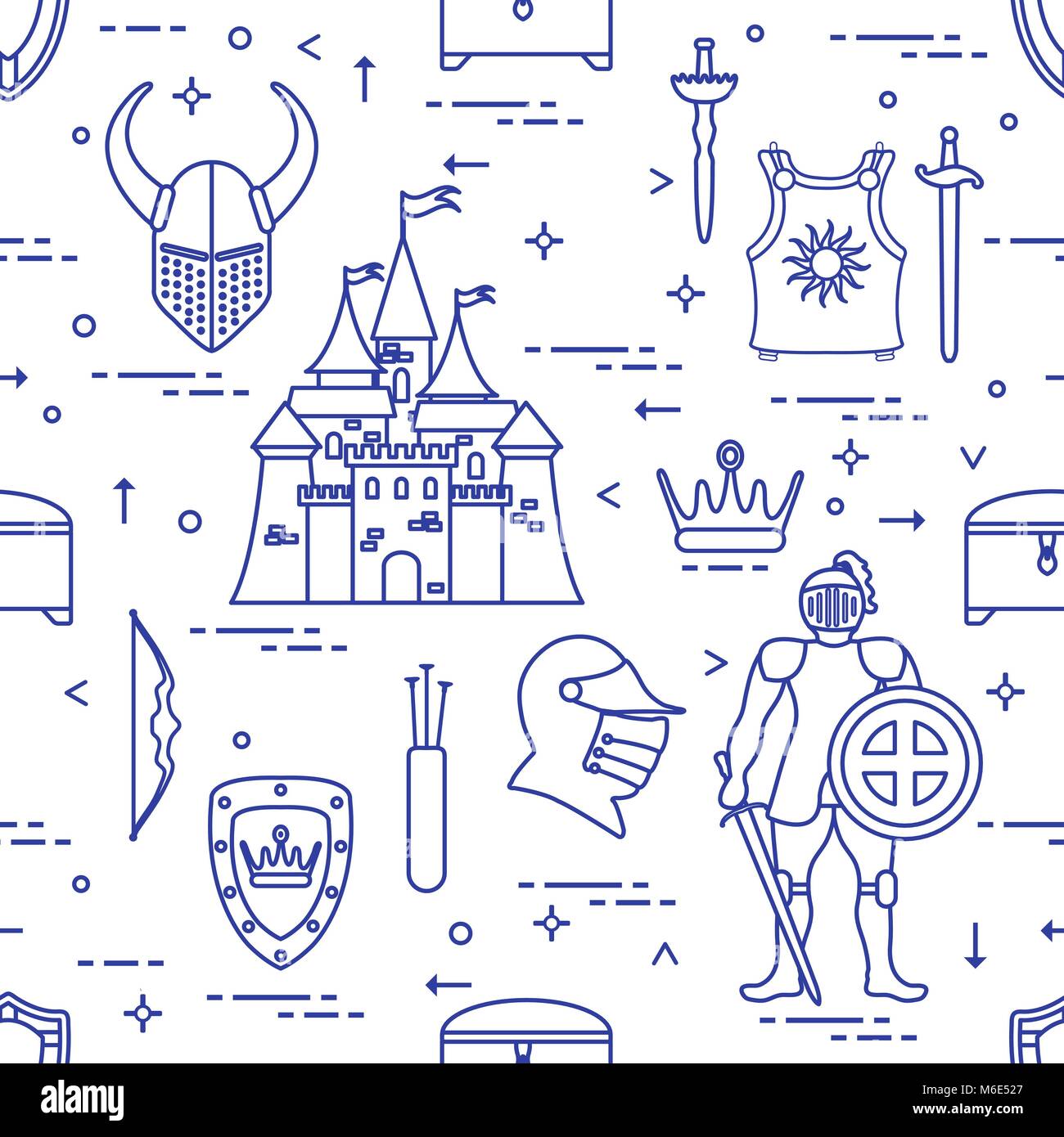 Seamless pattern with knight, castle, shields, swords, cuirass, helmet ...